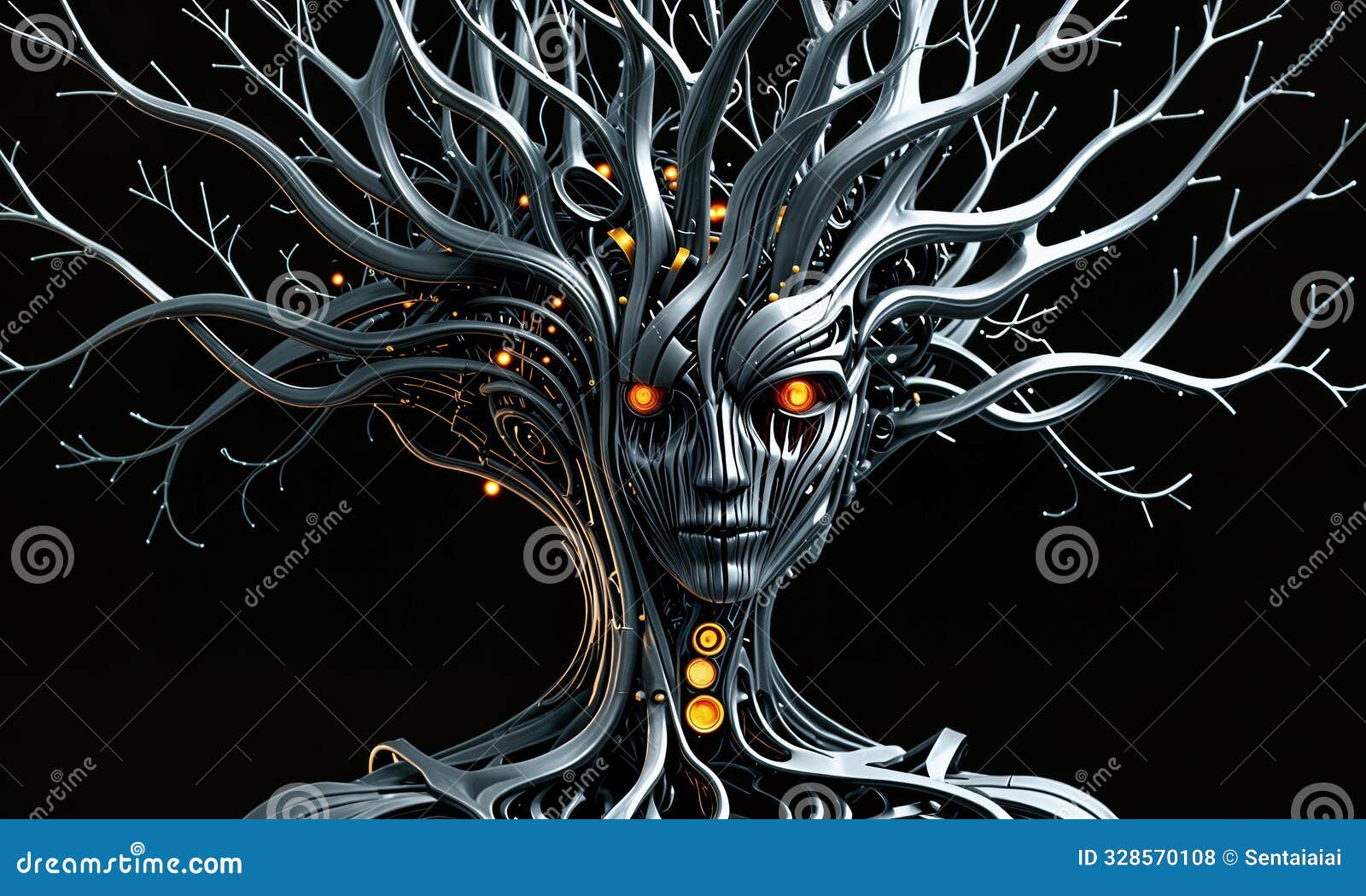 Hi-Tech Artificial Intelligence Futuristic Cyborg Head with Tree ...