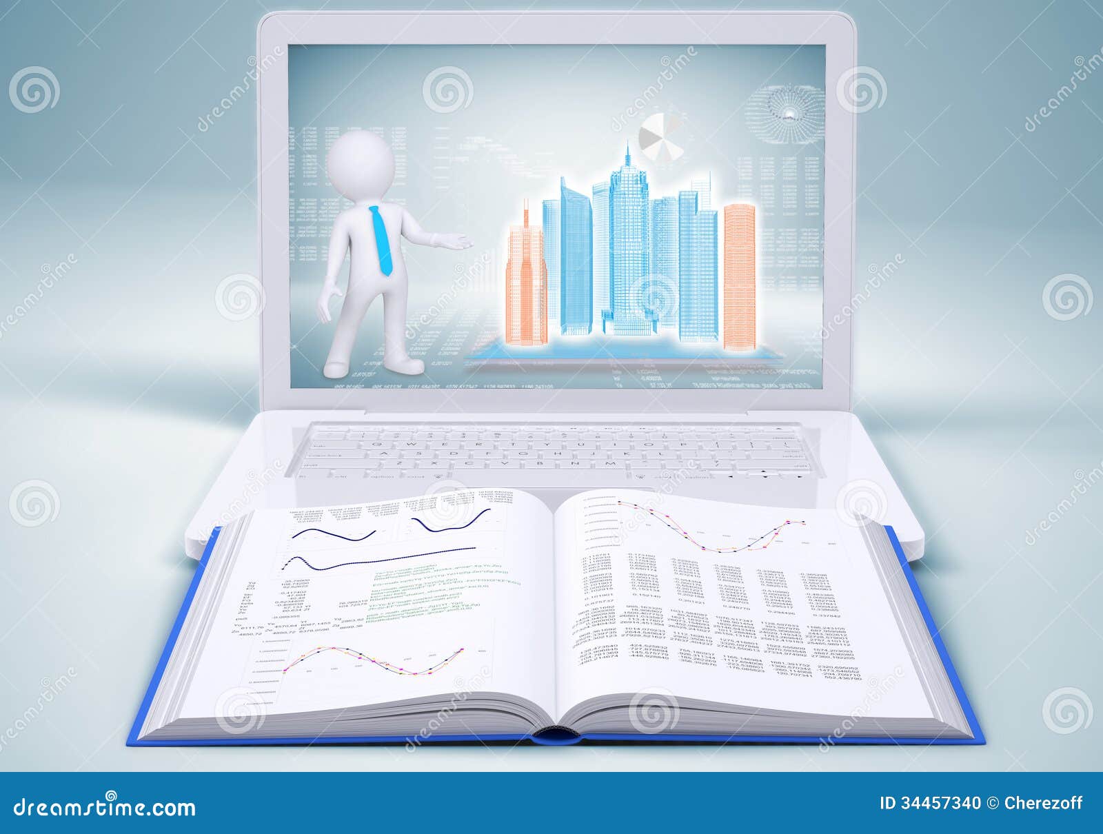 Hi-tech Building In Laptop Screen And Open Book Stock Illustration ...