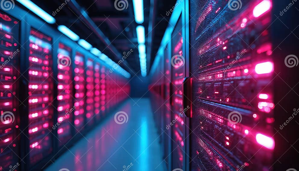 Hi-tech Data Storage Server Hallway with Cloud Computing Neon Glowing ...
