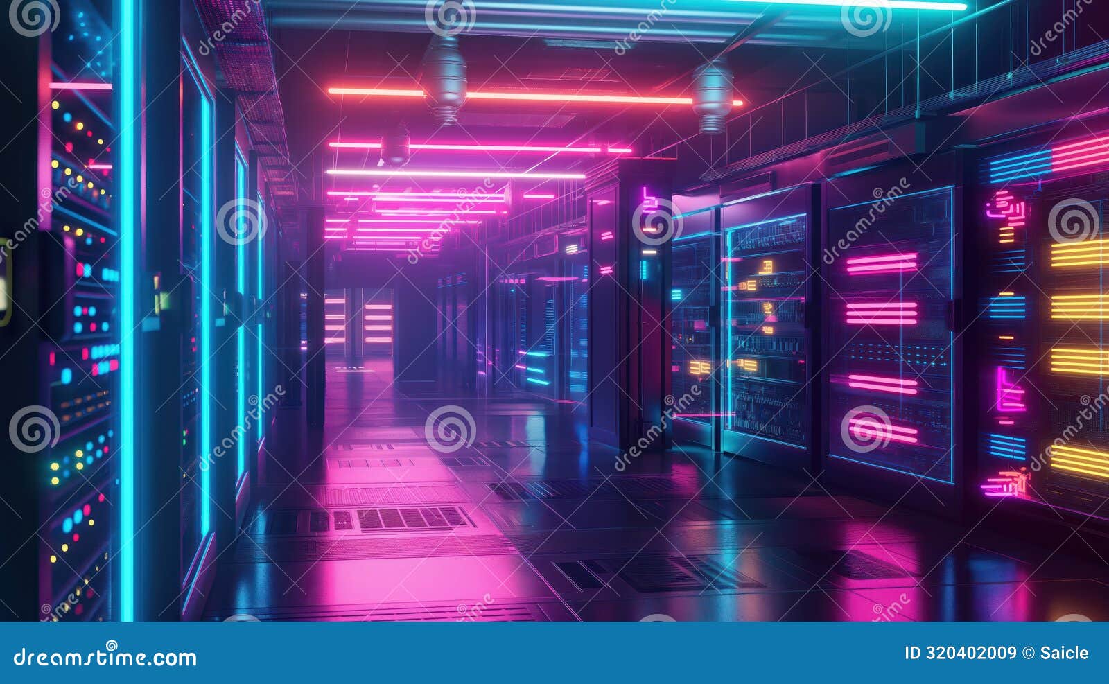 Hi-tech Data Storage Server Hallway, Cloud Computing Neon Glowing ...