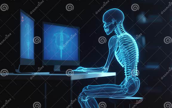Hi-tech Human Robot Skeleton Working on Computer at Desktop on Digital ...