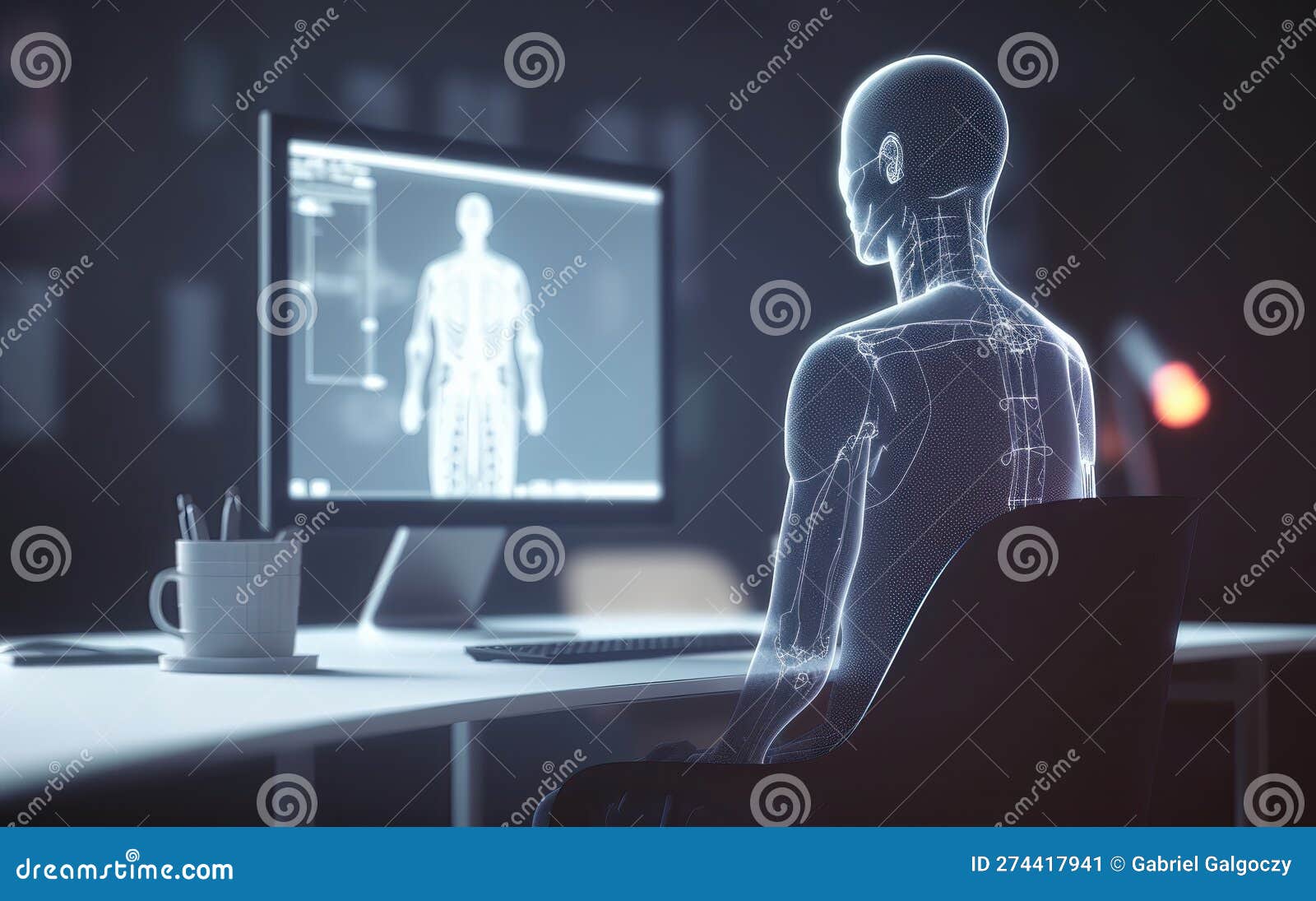 Hi-tech Human Robot Working on Computer at Desktop on Digital Screen ...