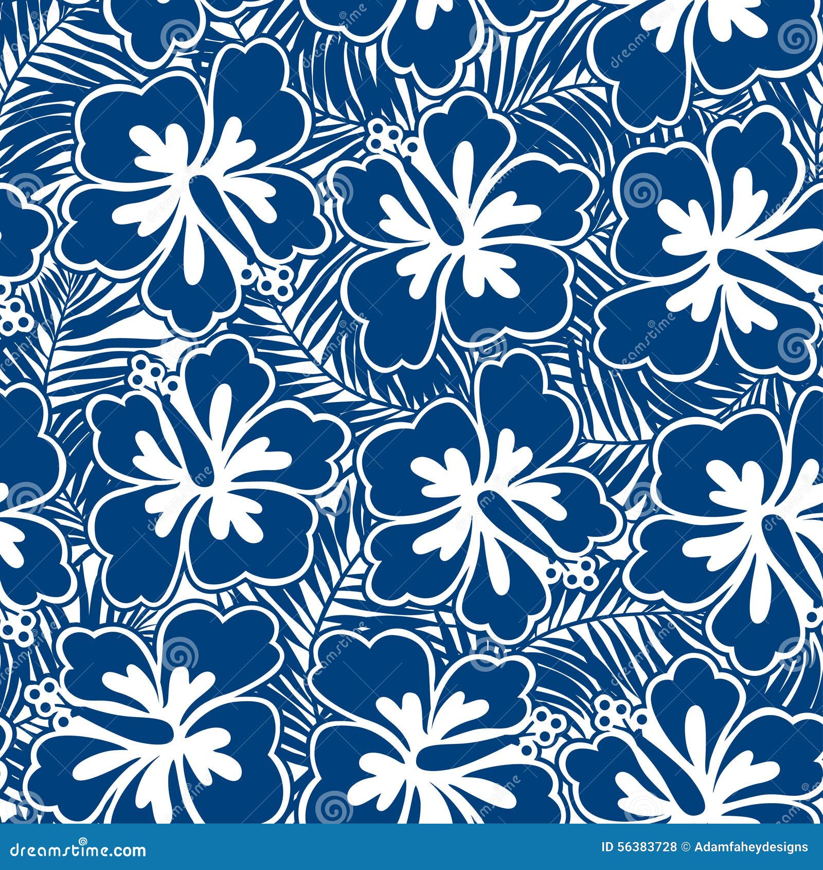 Hibiscus Blue Flowers and Tropical Leaves in a Seamless Pattern Stock ...