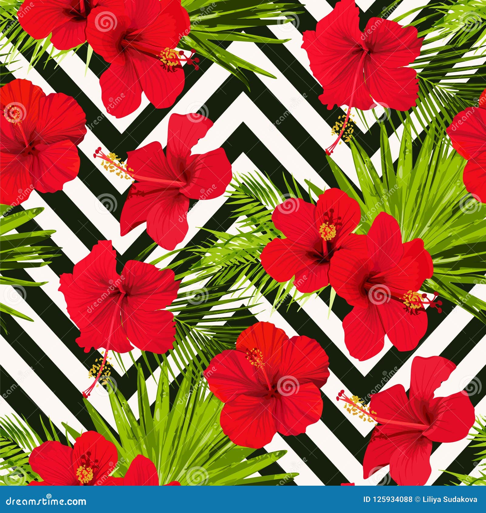 Hibiscus Flower Vector Seamless Pattern on a Abstract Chevron ...