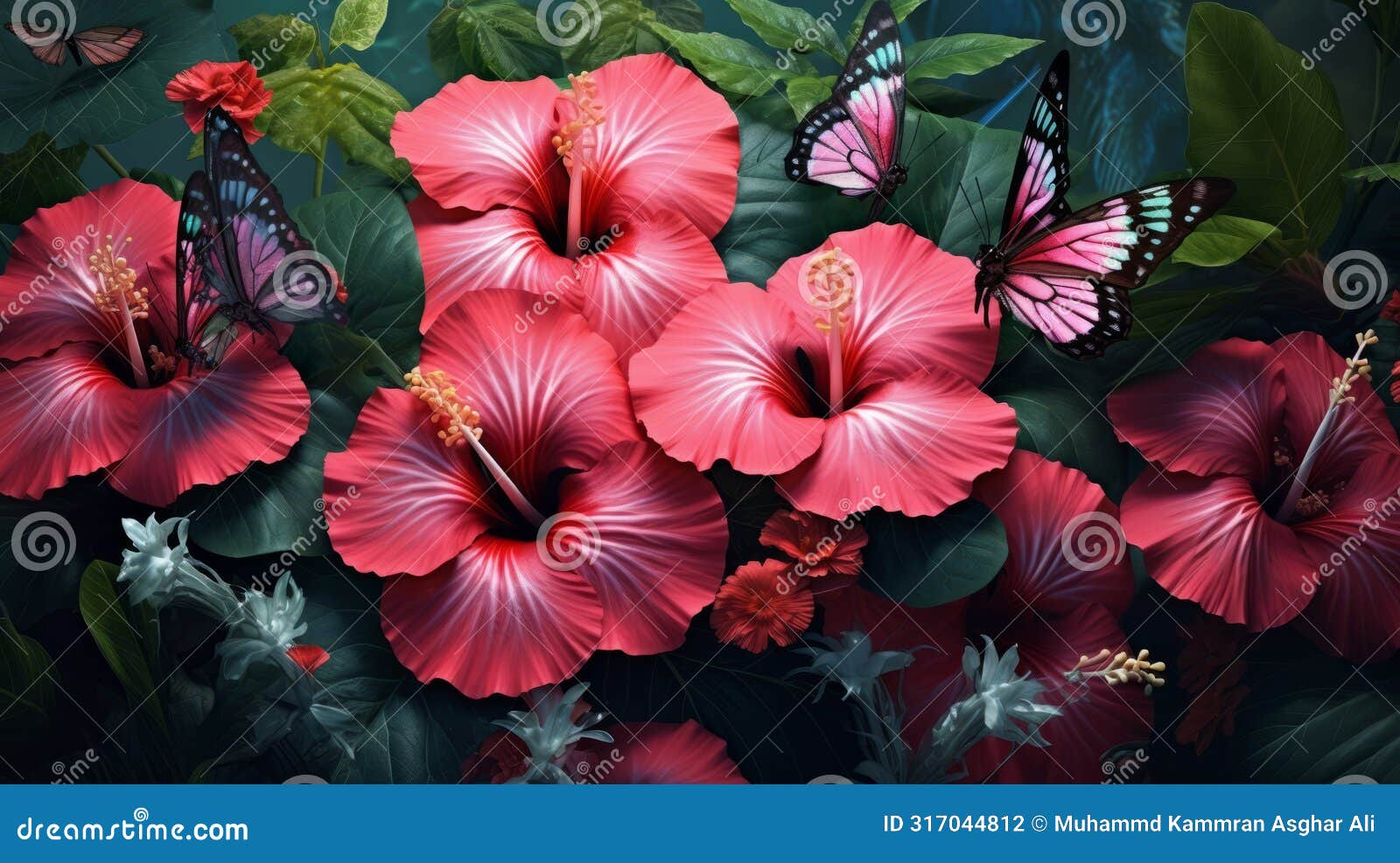 Hibiscus Flowers and Butterflies. 3d Render Illustration Stock ...