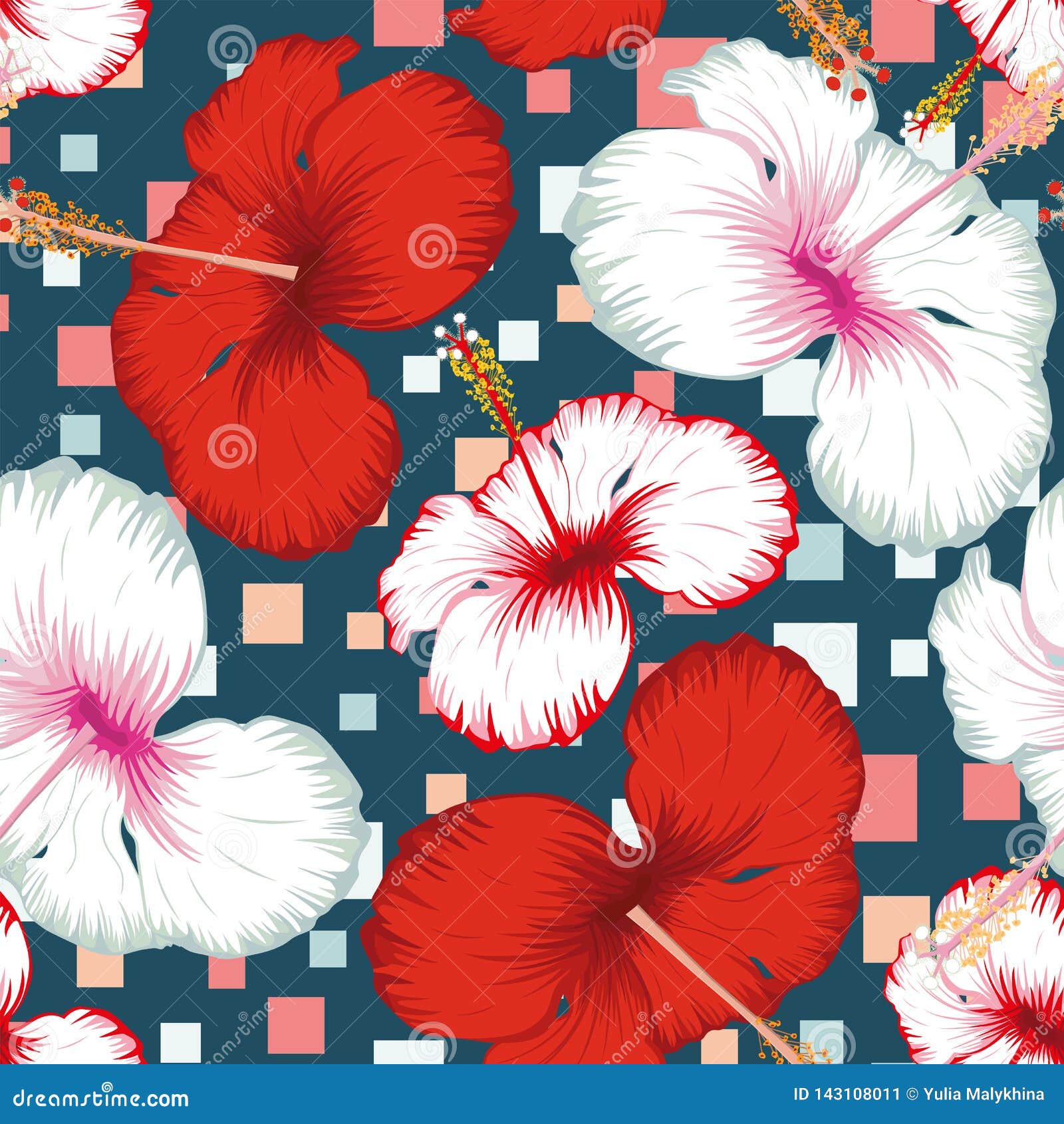 Hibiscus Seamless Multicolor Square Blue Background Stock Vector ...