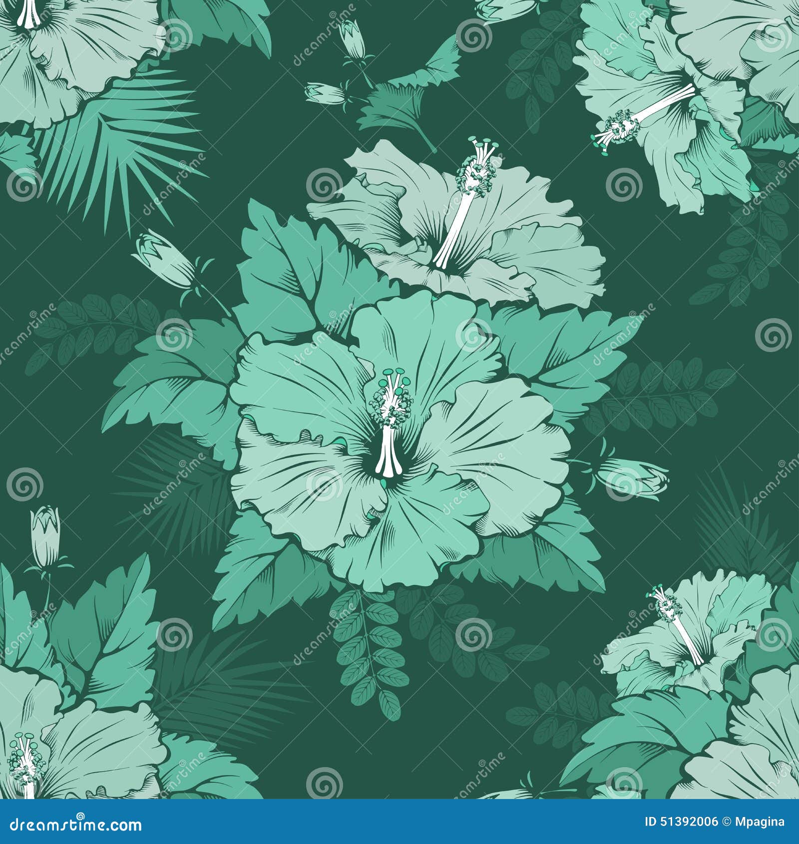 Hibiscus seamless pattern stock vector. Illustration of palm - 51392006