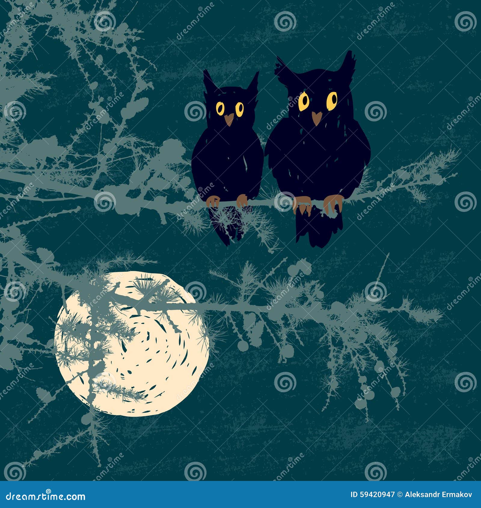 Hiboux Pendant La Nuit De Clair De Lune Illustration de Vecteur ...