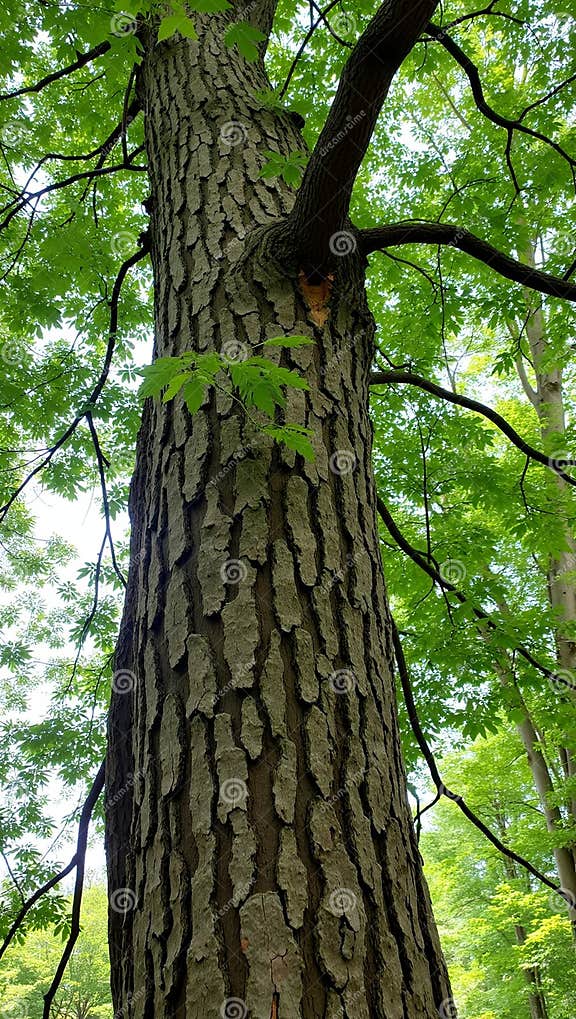 Hickory Tree with Peeling Bark Feathery Leaves Casting Shadows Stock ...