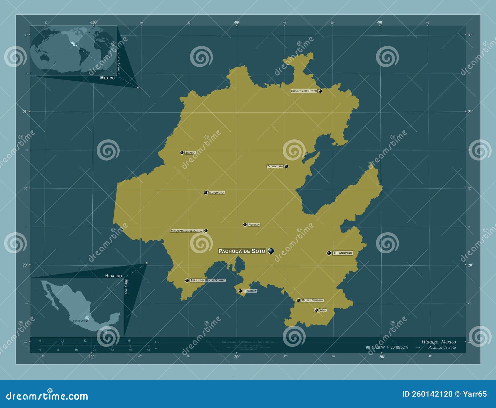 Hidalgo, Mexico. Solid. Labelled Points of Cities Stock Illustration ...