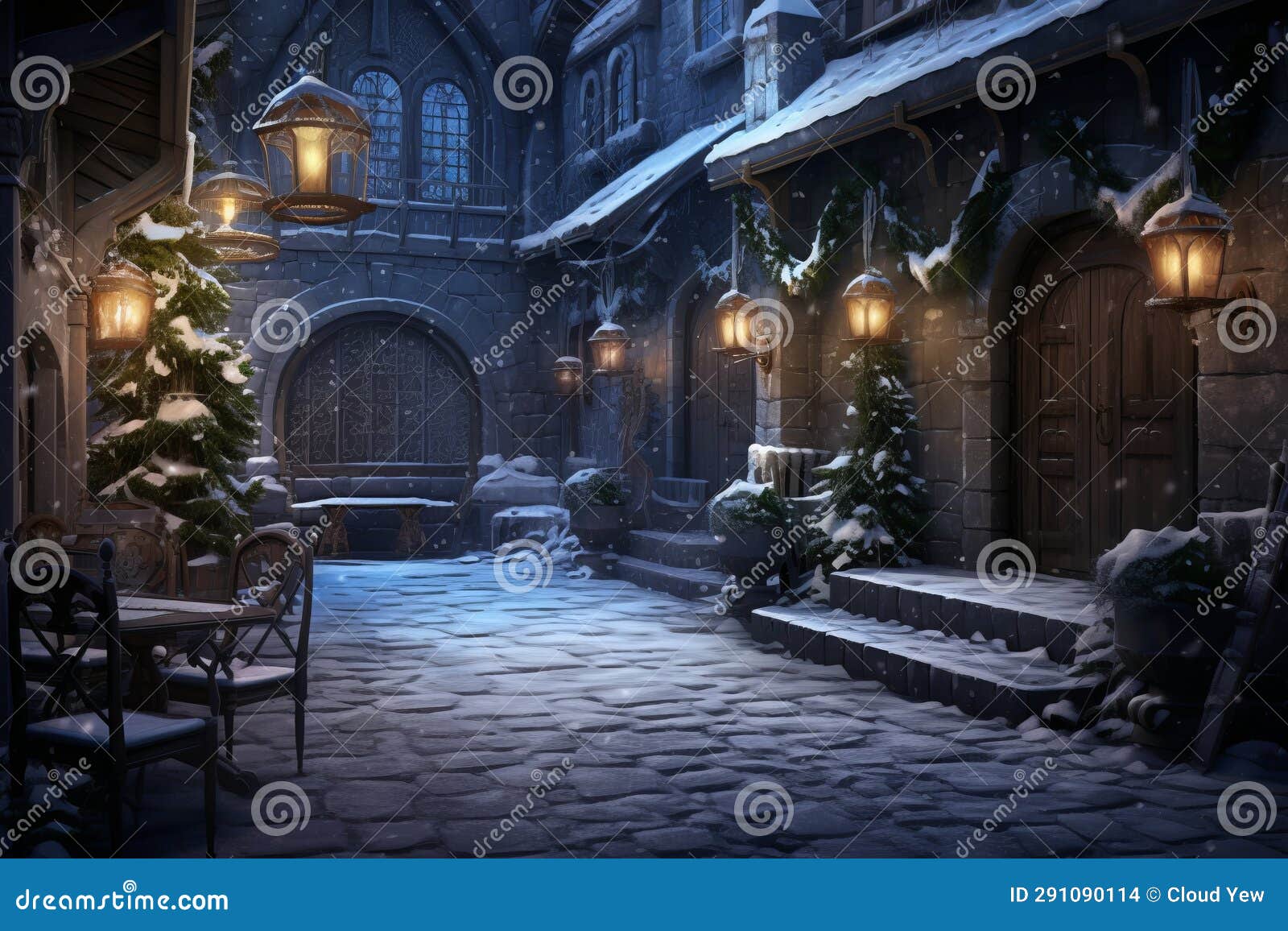 A hidden courtyard stock illustration. Illustration of lantern - 291090114