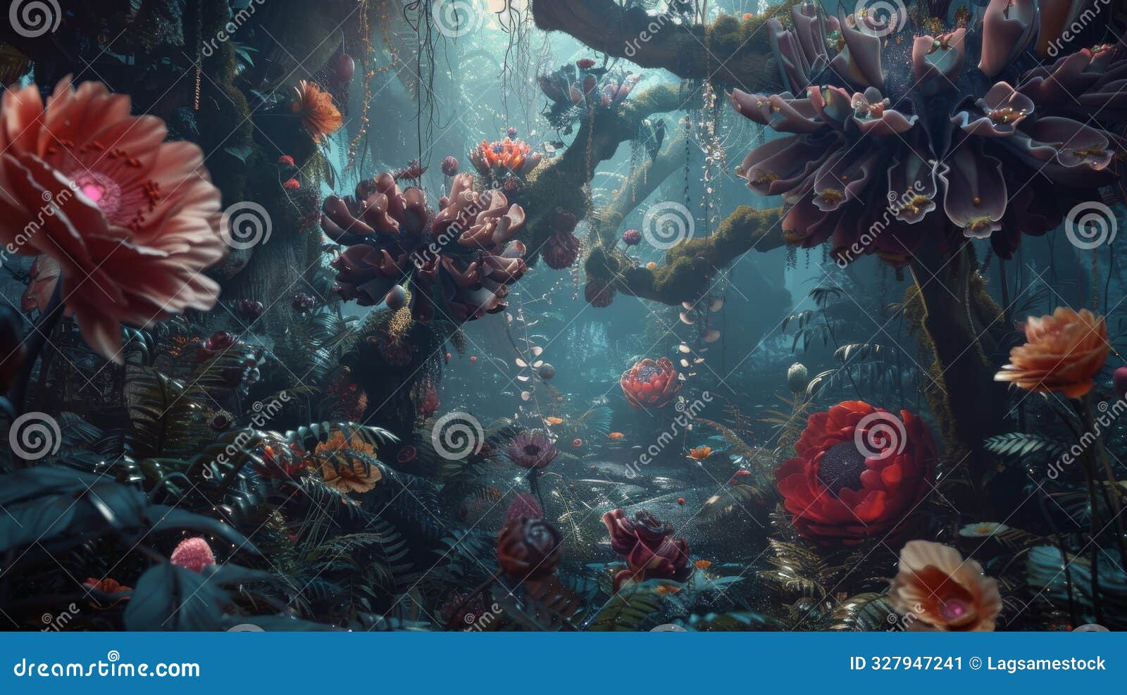 A Hidden Forest with Oversized Flowers and Fantasy Creatures Stock ...