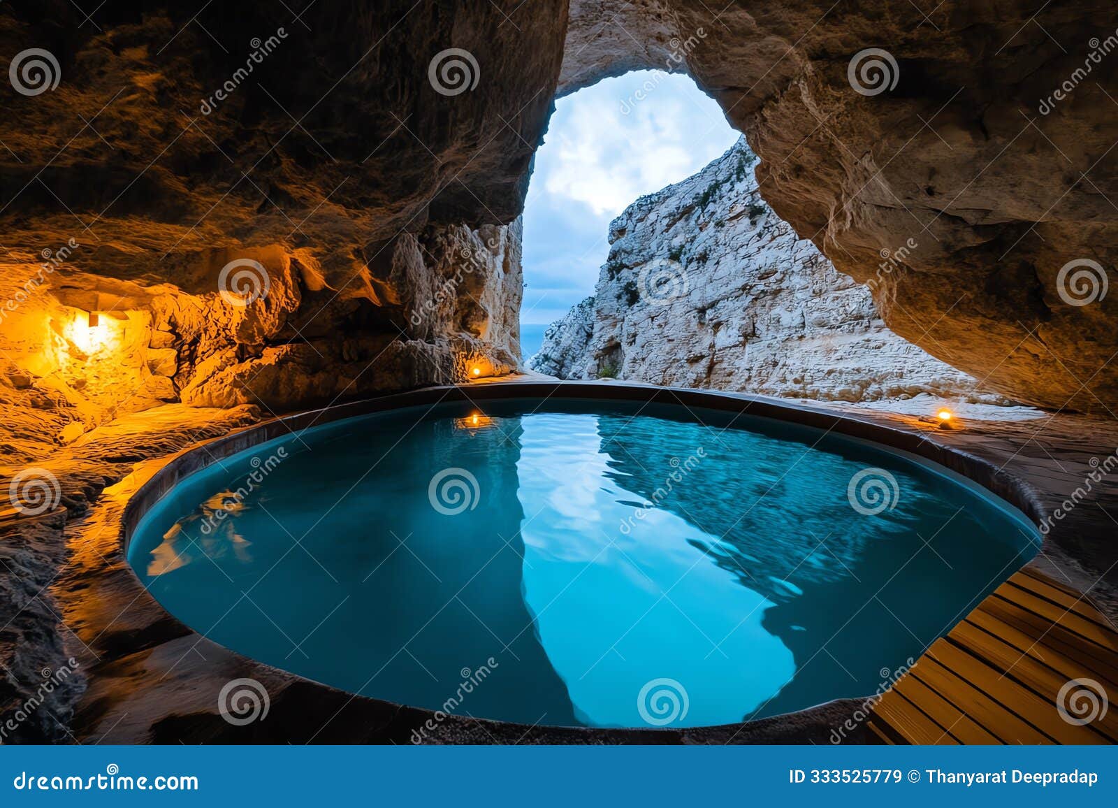 A Hidden Hot Spring in a Cave, with Steam Swirling in the Dimly Lit ...