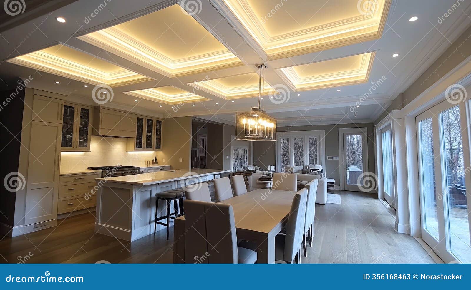 Hidden LED Lighting in a Coffered Ceiling, Casting a Warm Glow Stock ...