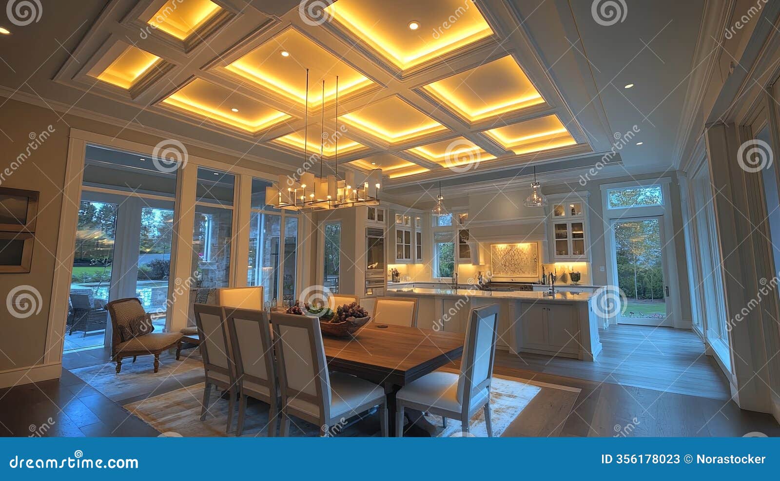 Hidden LED Lighting in a Coffered Ceiling, Casting a Warm Glow Stock ...