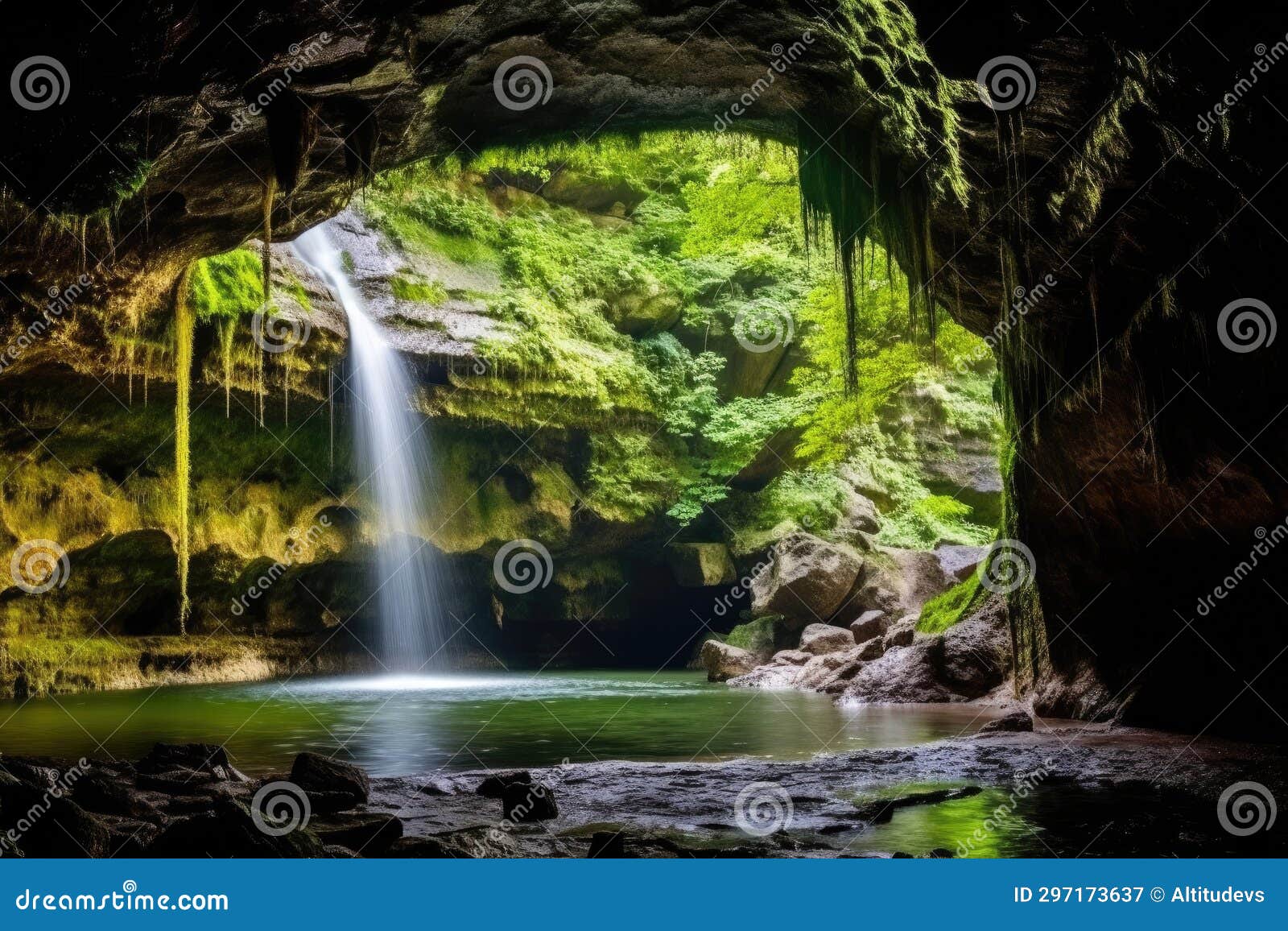 A Hidden Waterfall Inside a Cave Stock Image - Image of generated, cave ...