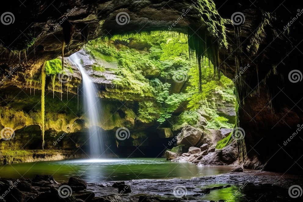 A Hidden Waterfall Inside a Cave Stock Image - Image of generated, cave ...