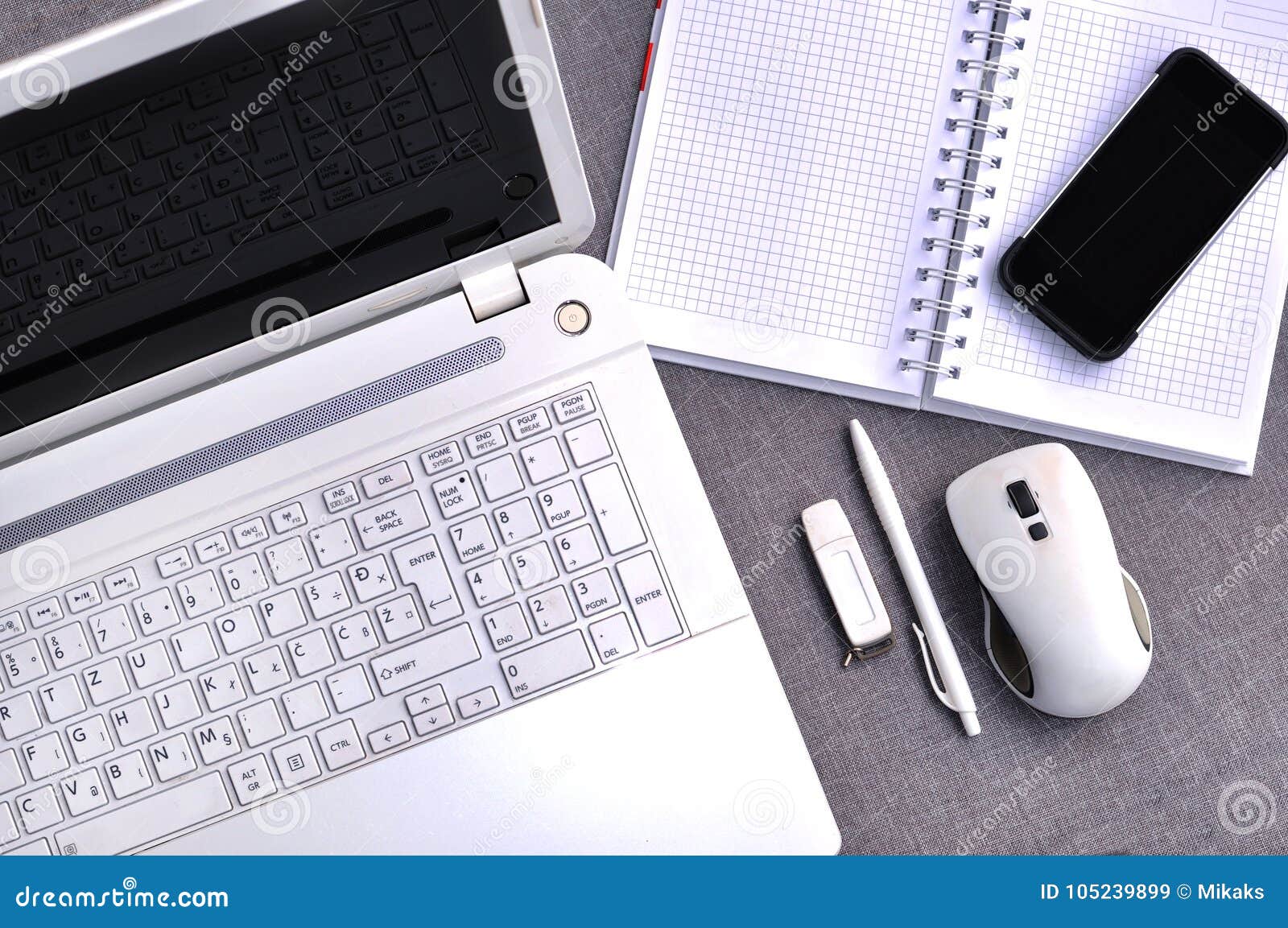 High Above View of Office Workplace with Mobile Phone and Laptop Close ...