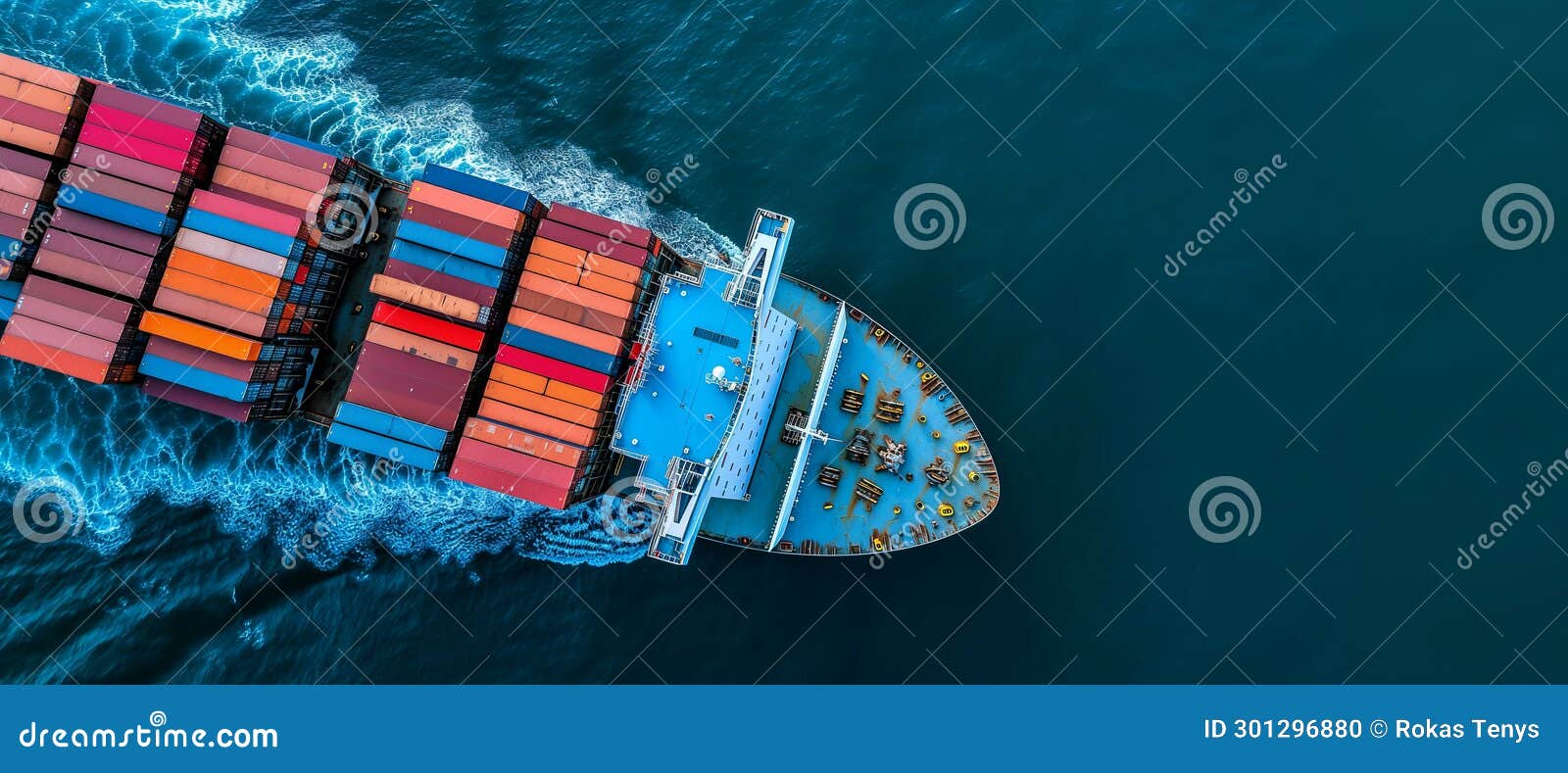 High Aerial Top Down View of a Large Container Cargo Ship in Motion ...