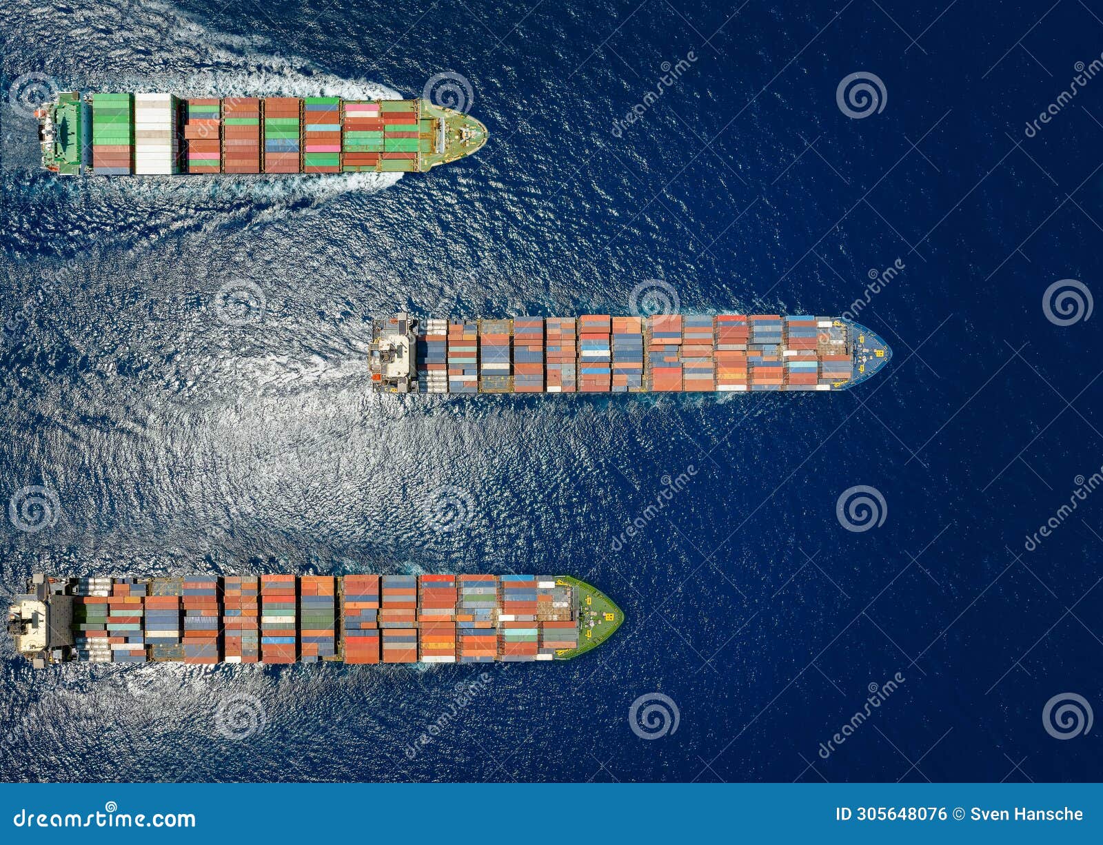 High Aerial Top Down View of Three Container Cargo Ships Stock Photo ...