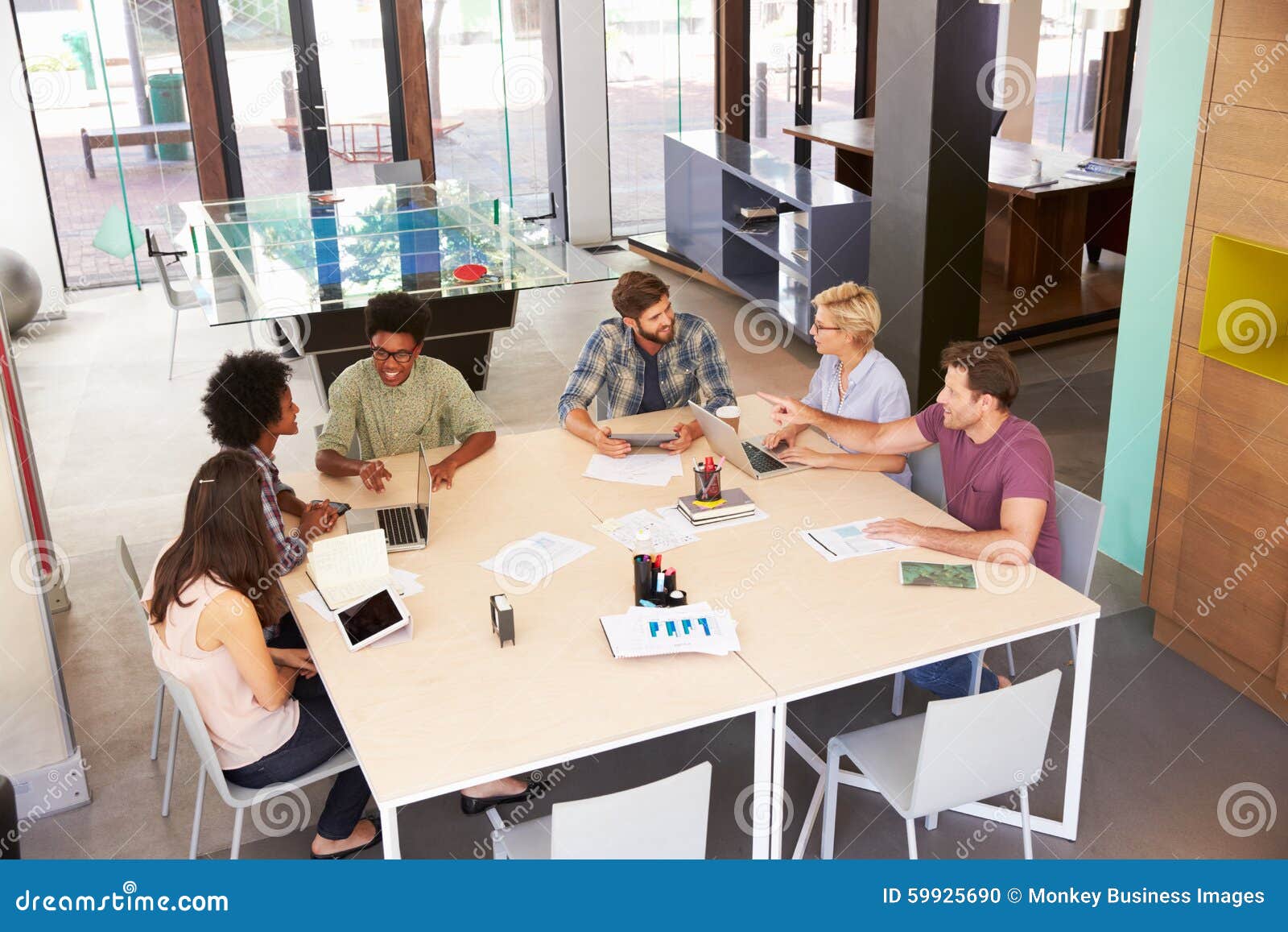 High Angle of Businesspeople Having Meeting in Modern Office Stock ...