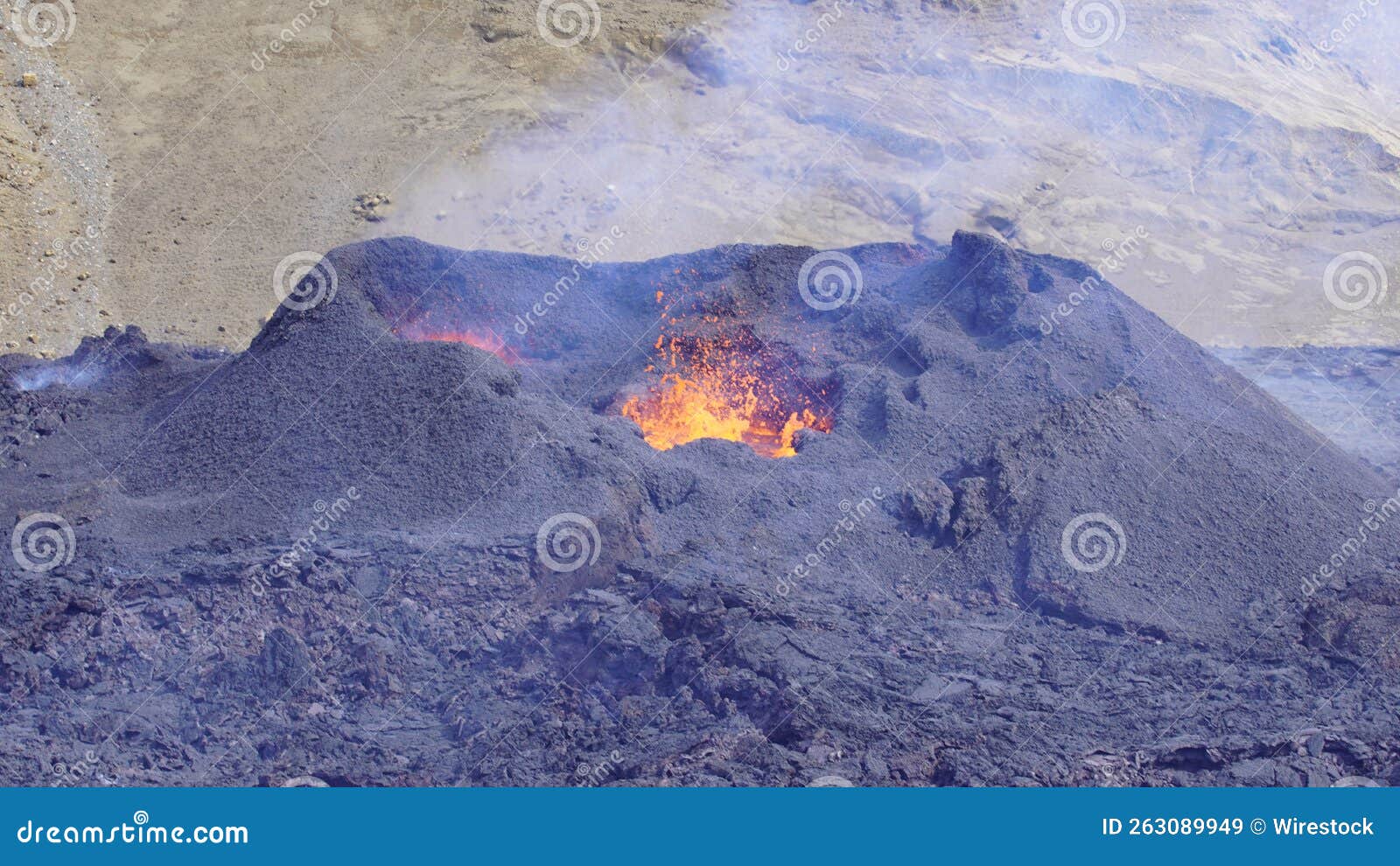 High-angle Closeup of a Volcanic Eruption Round Crater Smog Fire in ...