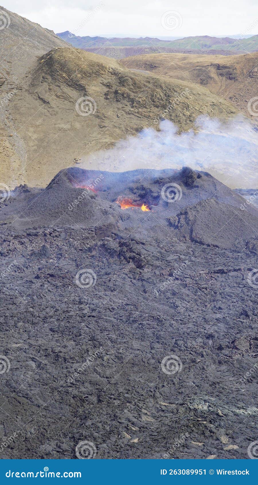High-angle Closeup of a Volcanic Eruption Round Crater Smog Fire in ...