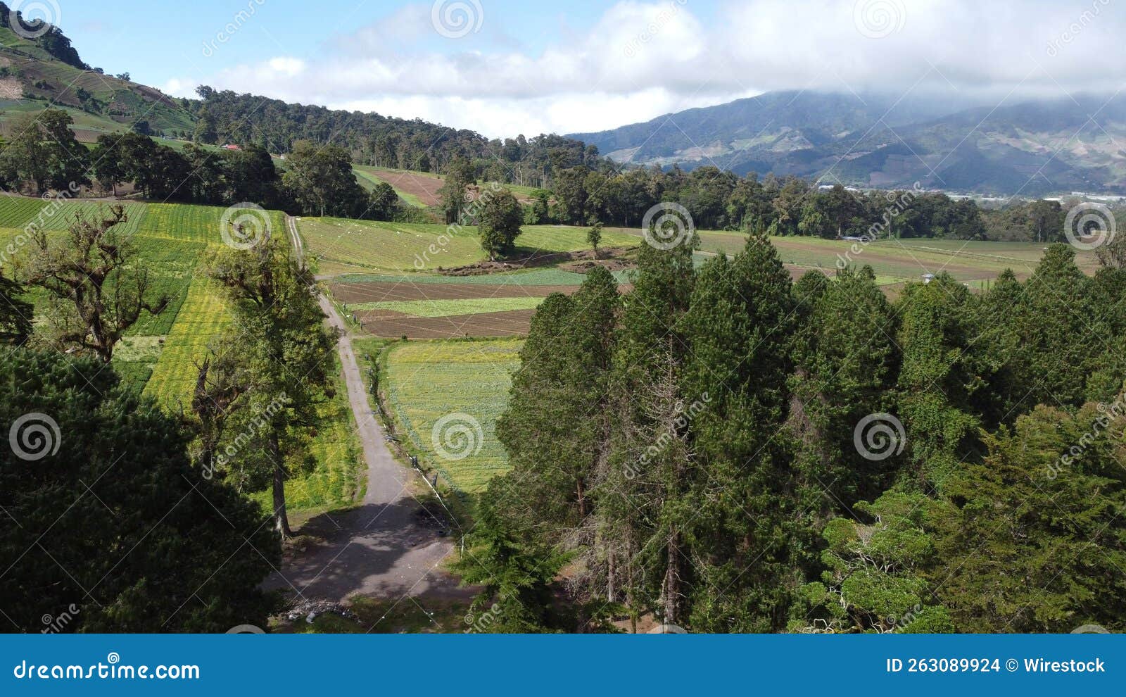 High-angle of a Dramatic Mountain Countryside of Fields and Farms in ...