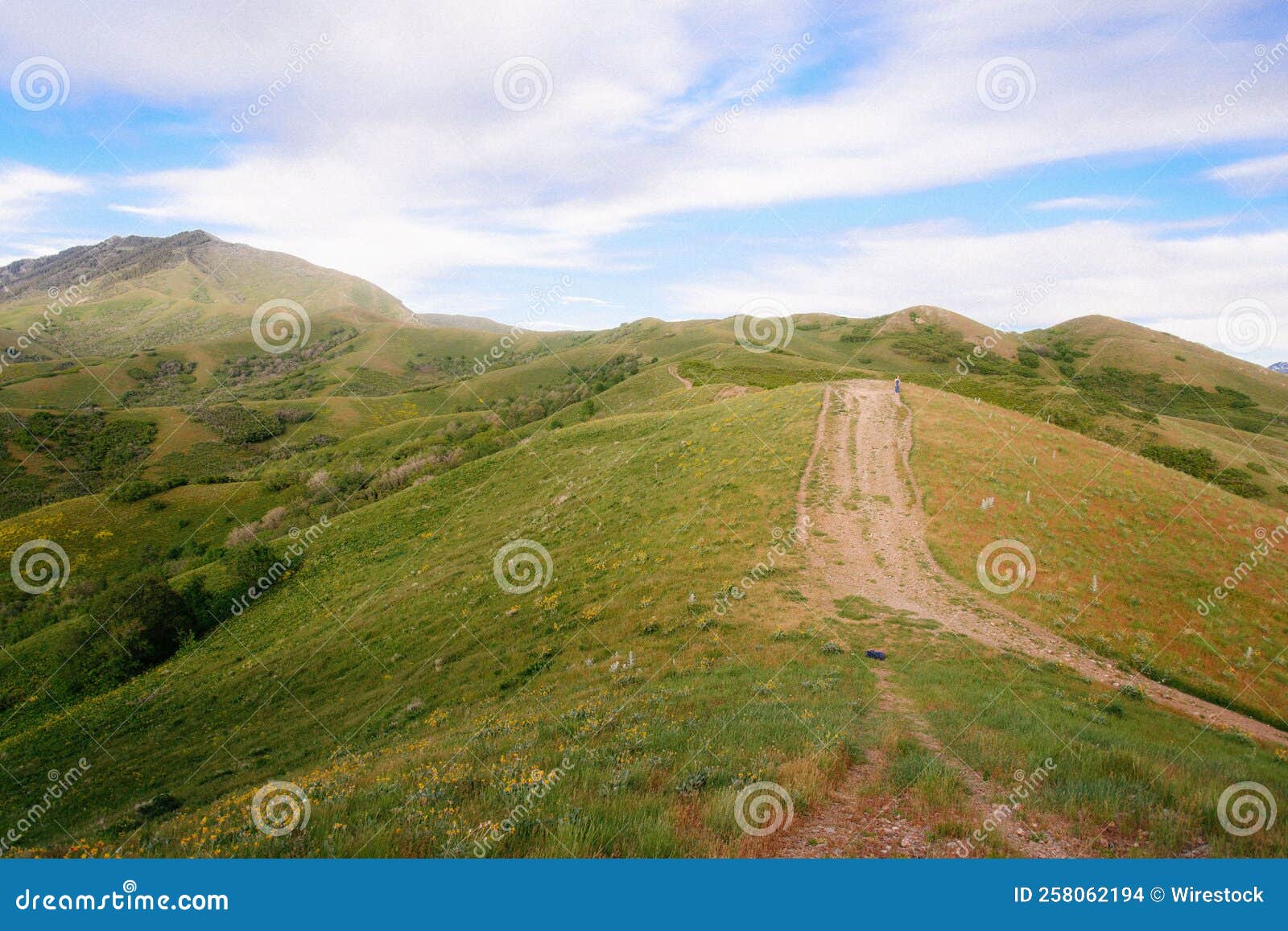 High-angle of a Dusty Path on the Green Mountains with a Cloudy Skyline ...
