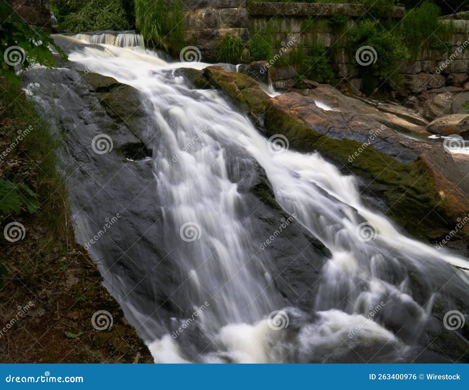 High Angle Long Exposure View of Water Gushing Down a Waterfall Stock ...