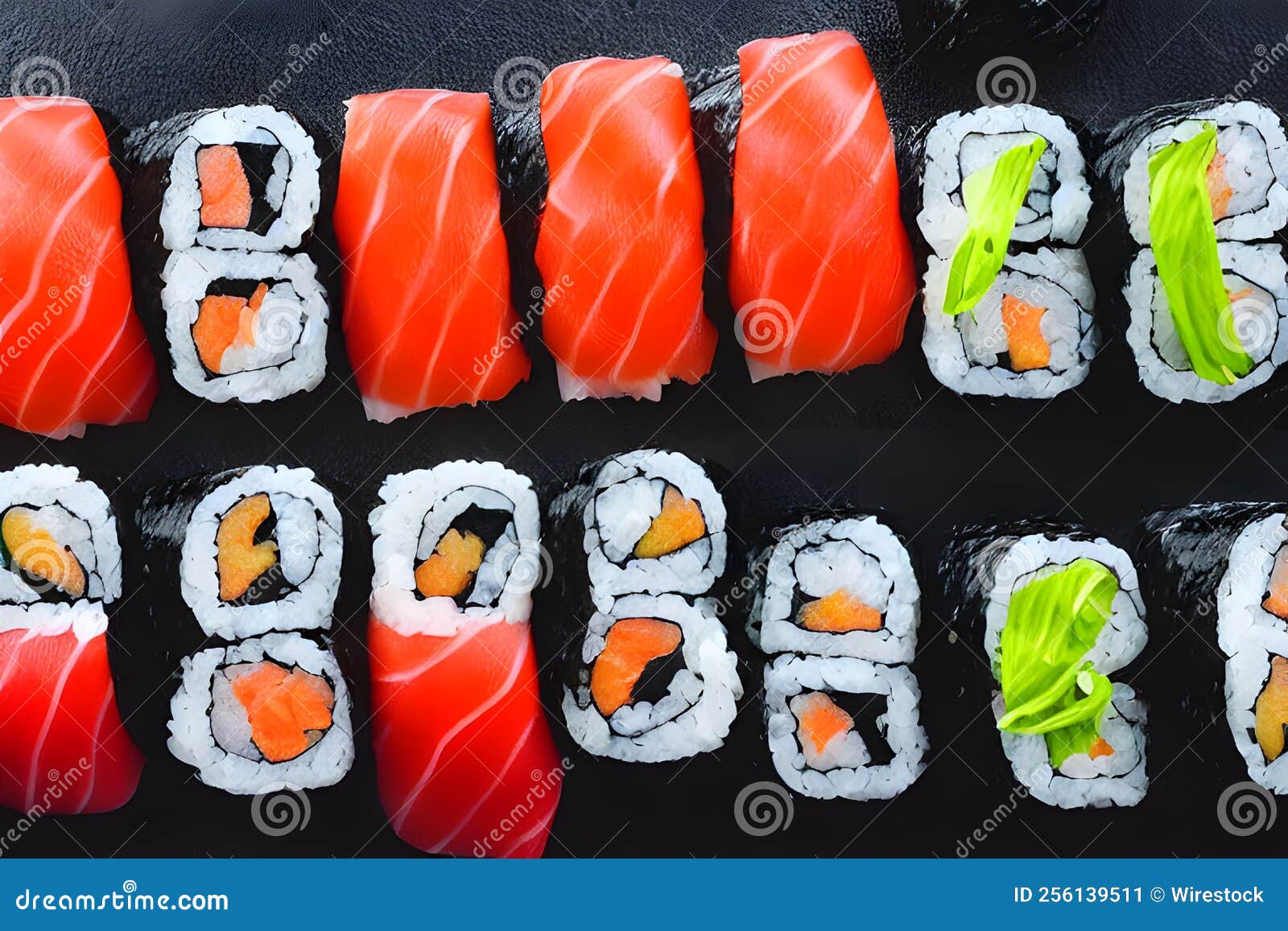 High-angle Macro View of Different Sushi Rolls with Rice on the Black ...