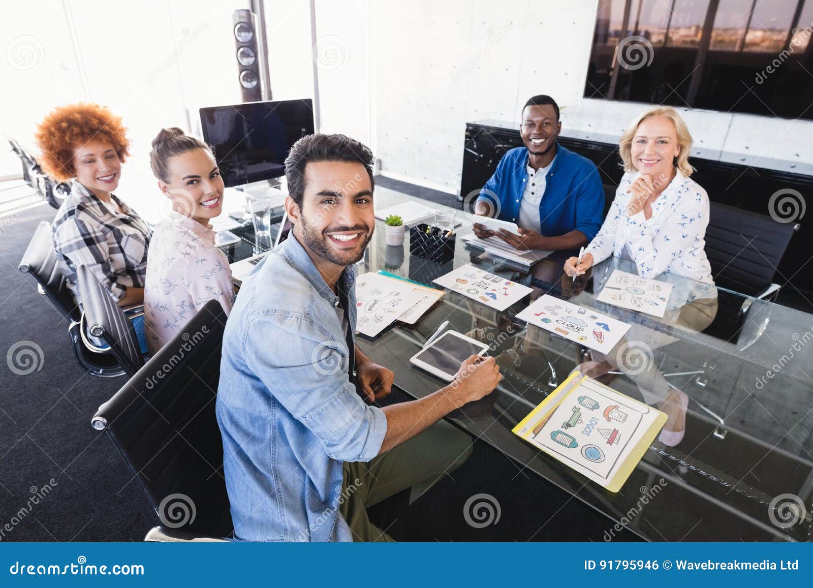 High Angle Portrait of Business People Sitting at Creative Office Stock ...