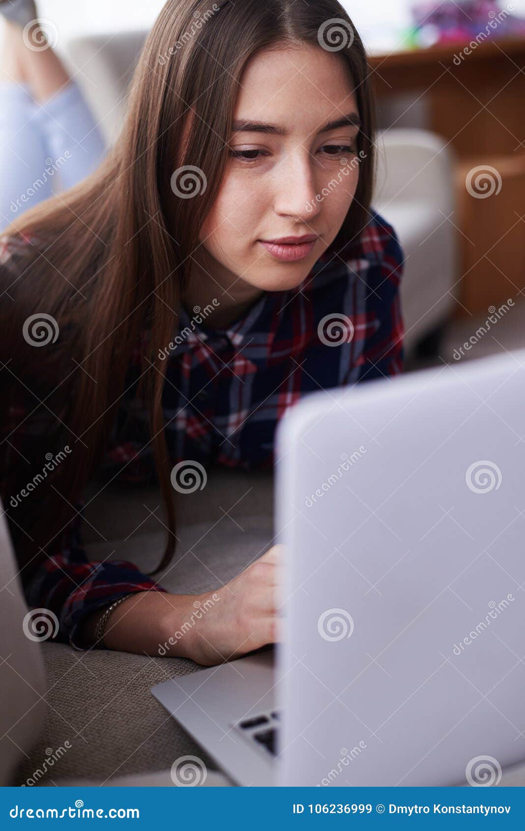 Pretty Young Girl Browsing Her Laptop Stock Image - Image of angle ...