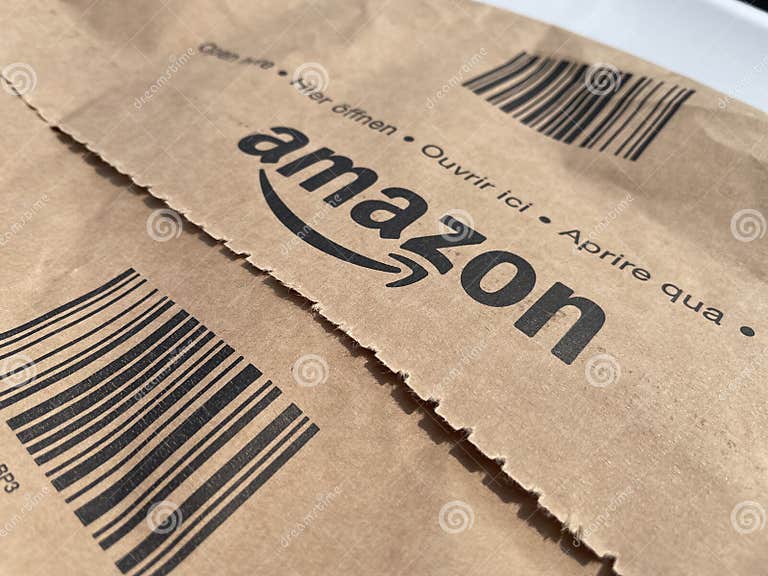 High Angle Shot of Amazon Paper Delivery Package with Multilanguage ...