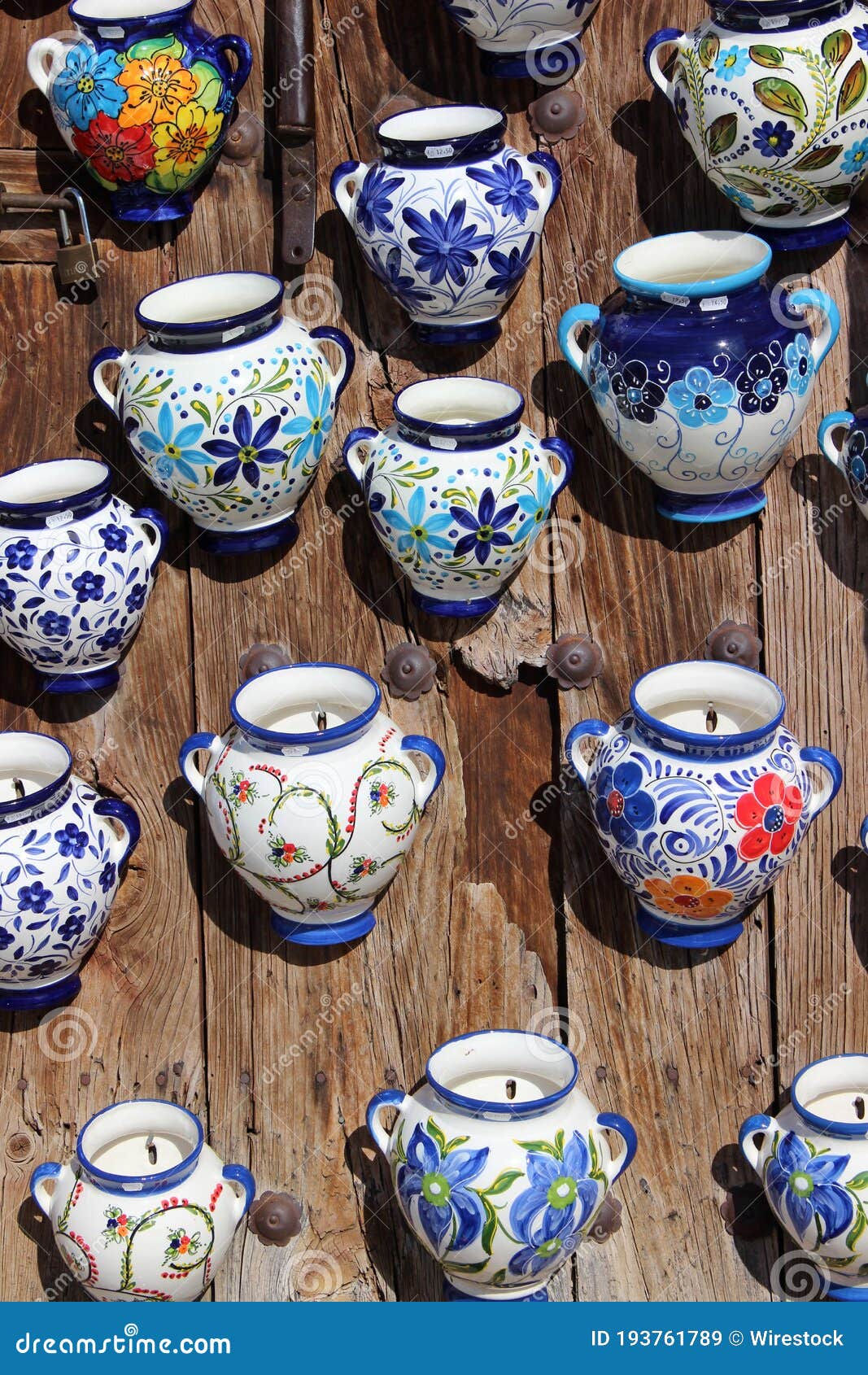 High Angle Shot of Blue and White Traditional Spanish Ceramic Pots ...