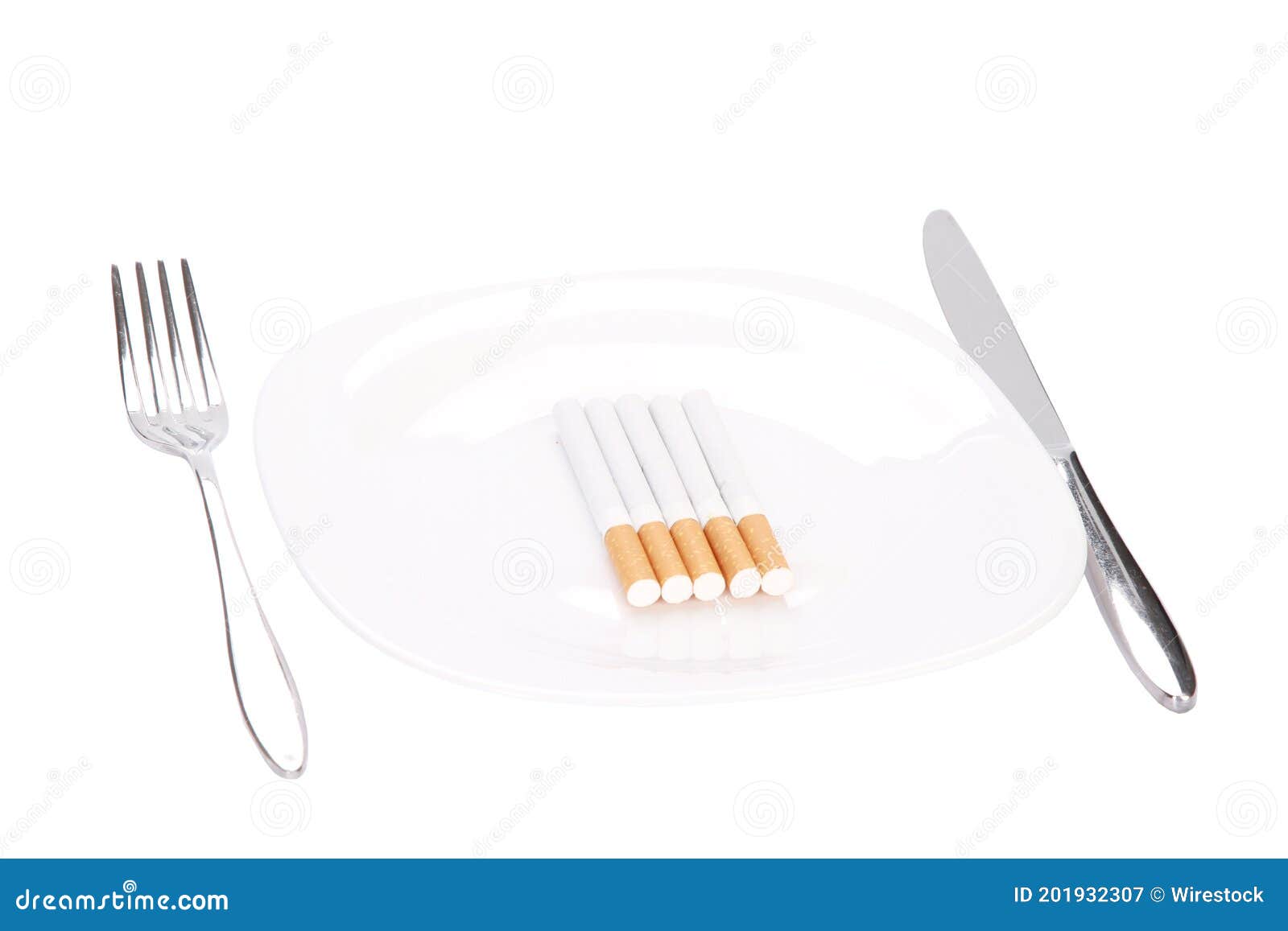 High Angle Shot of Cigarettes on a Plate with a Knife and a Fork on a ...