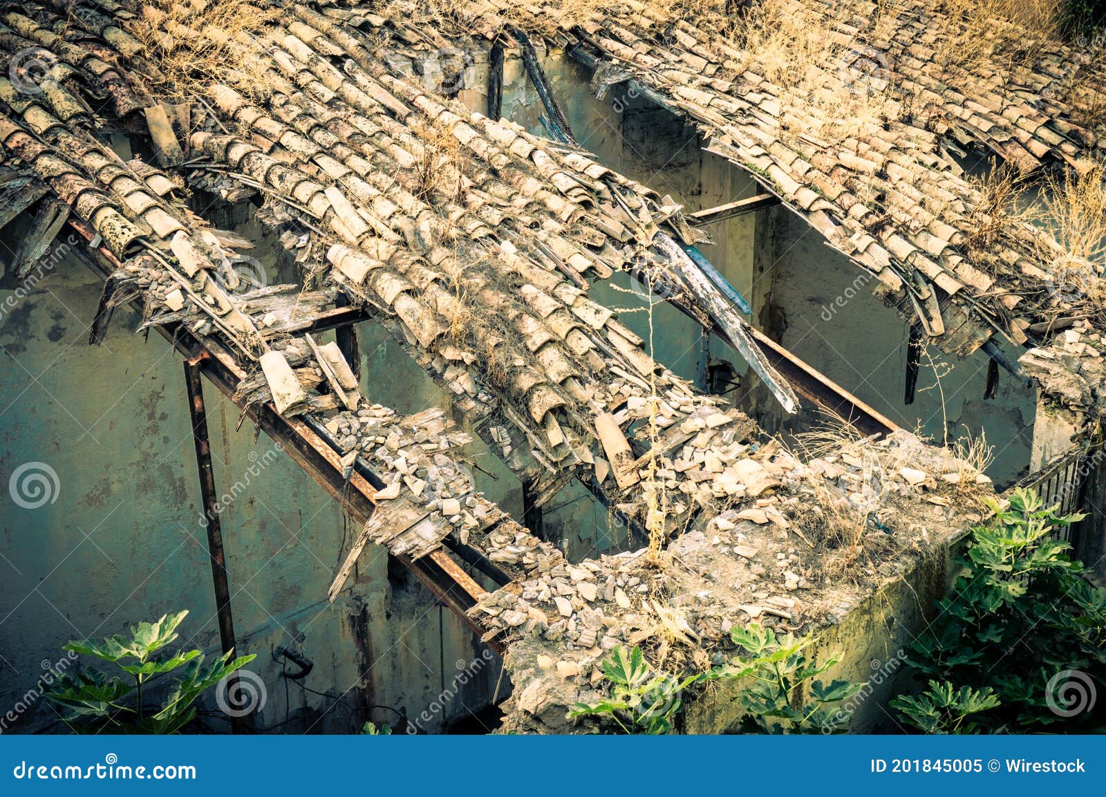 High Angle Shot of a Destroyed Rooftop Stock Image - Image of roof ...