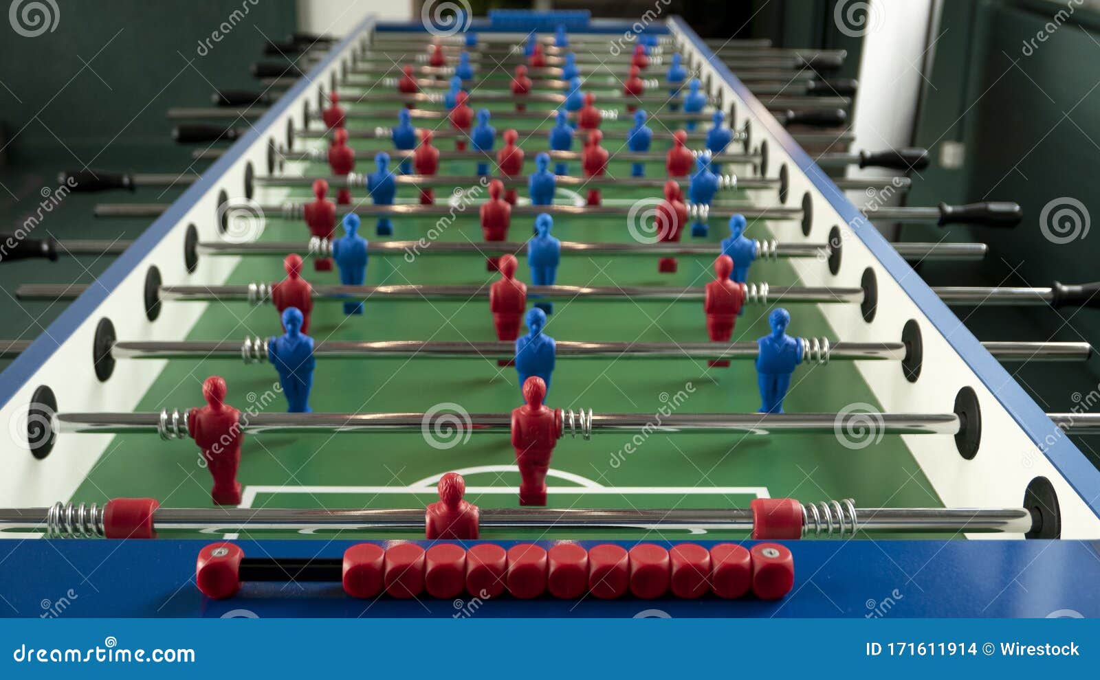 High Angle Shot of a Foosball Game with Blue and Red Figurines Stock ...