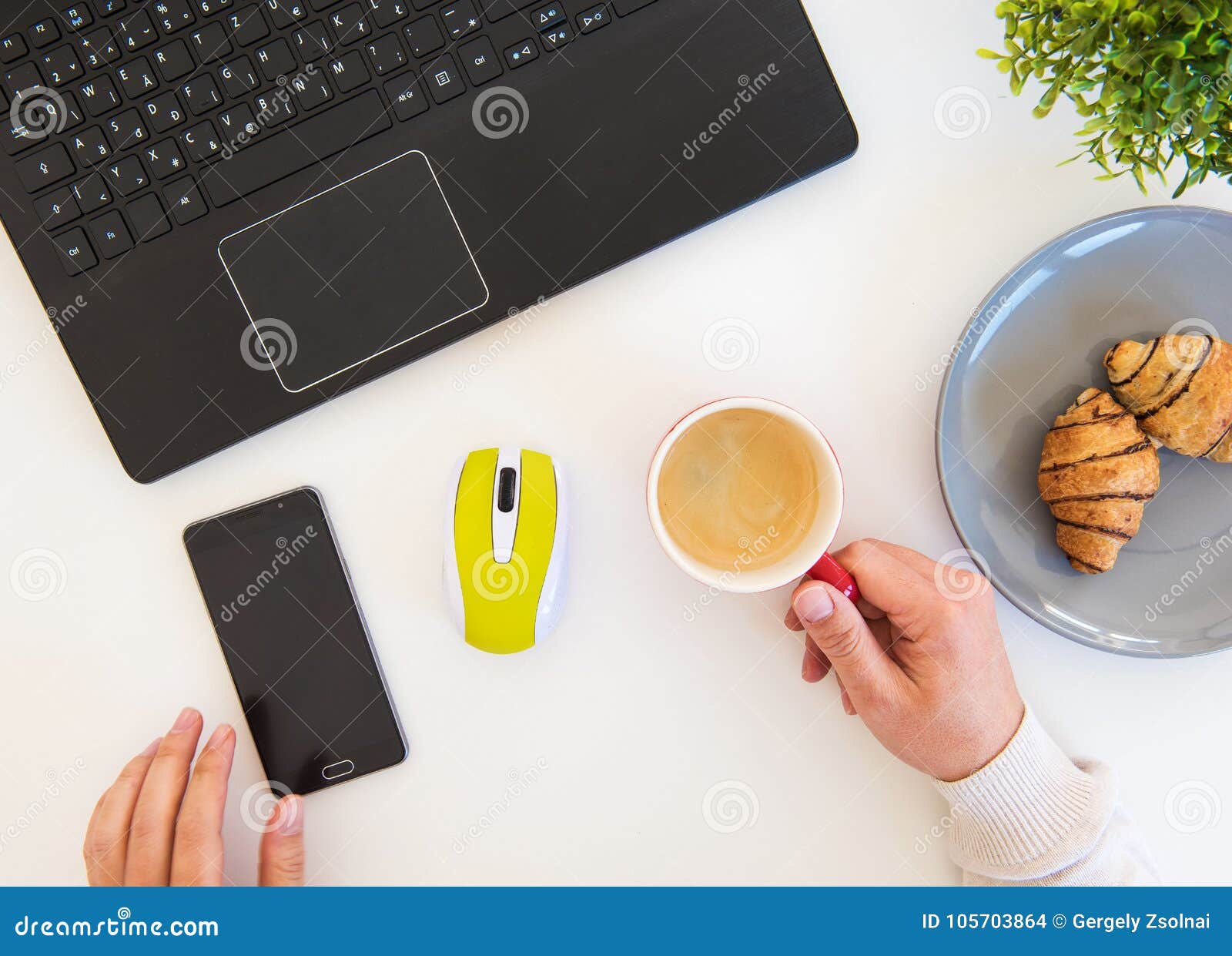 High Angle Shot of Items on a Table at an Office Workstation Stock ...