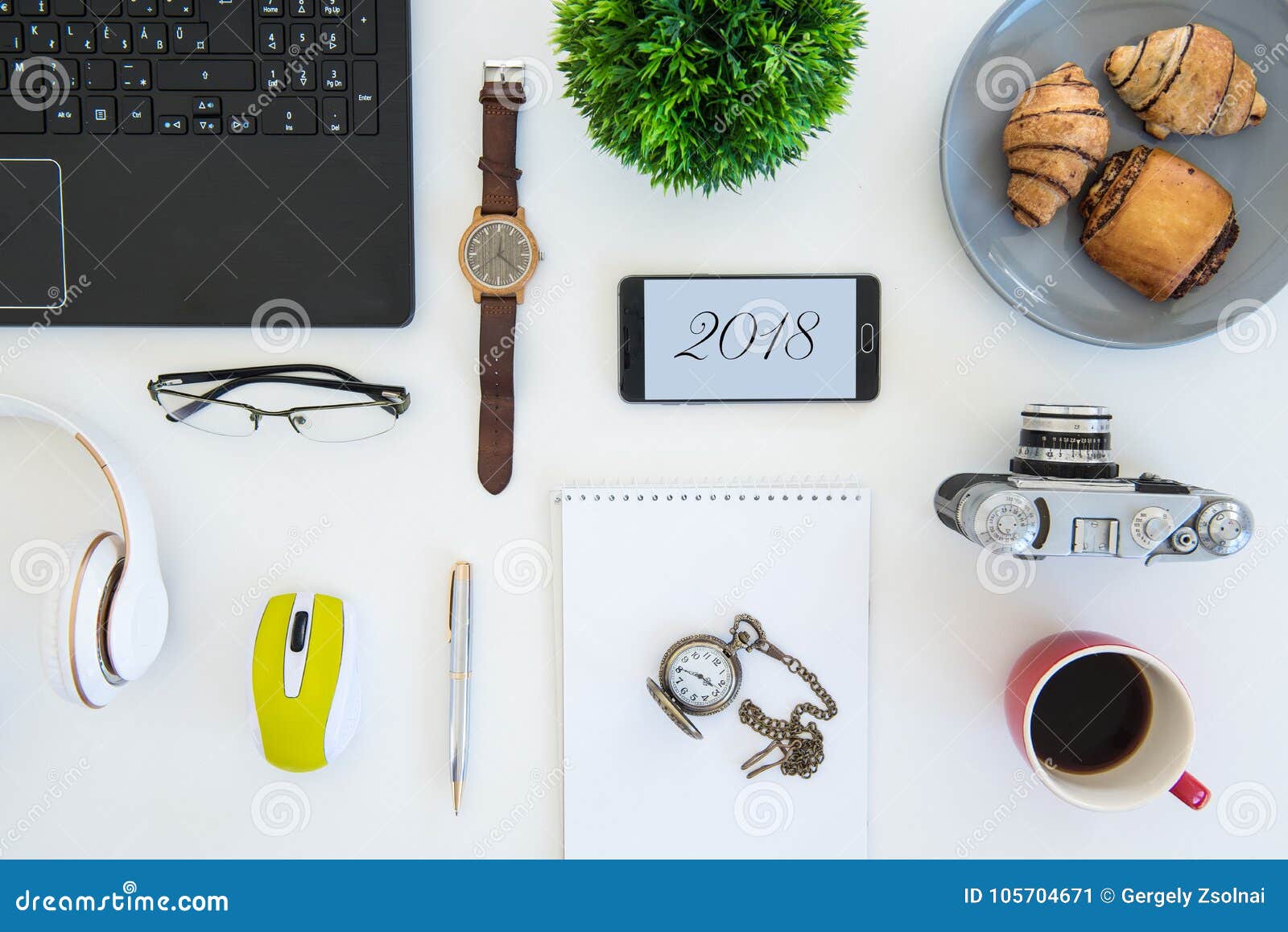 High Angle Shot of Items on a Table at an Office Workstation Stock ...