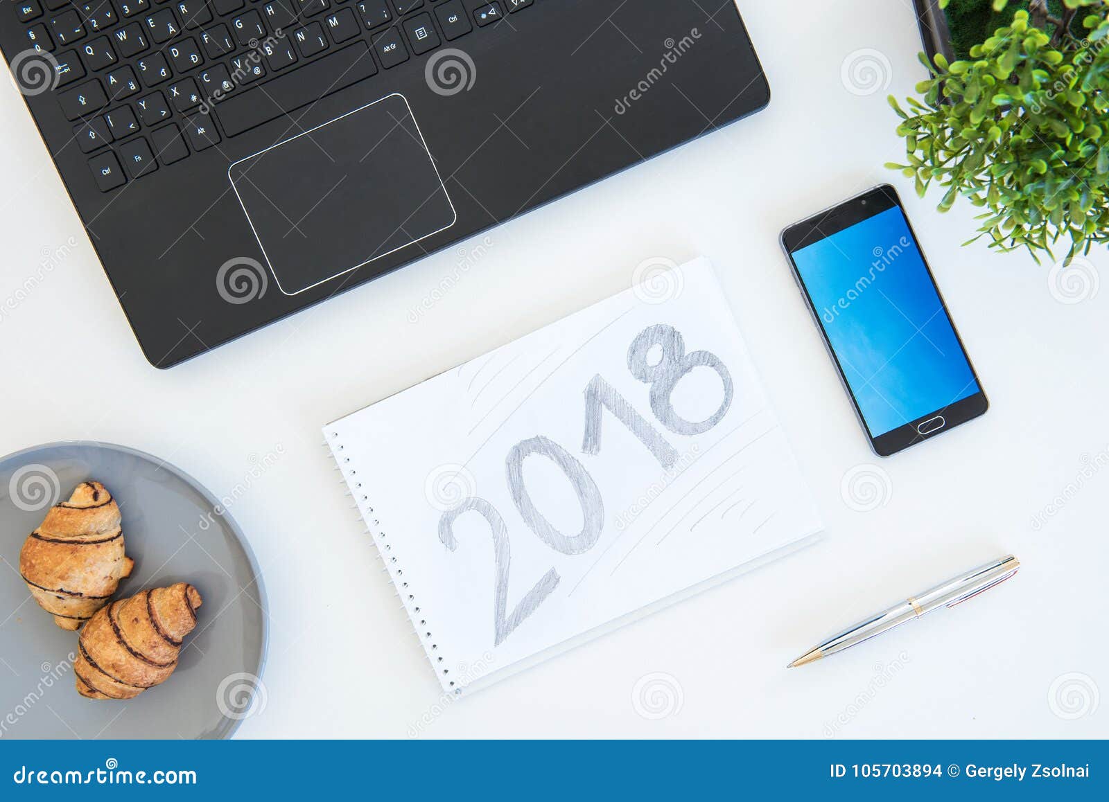 High Angle Shot of Items on a Table at an Office Workstation Stock ...