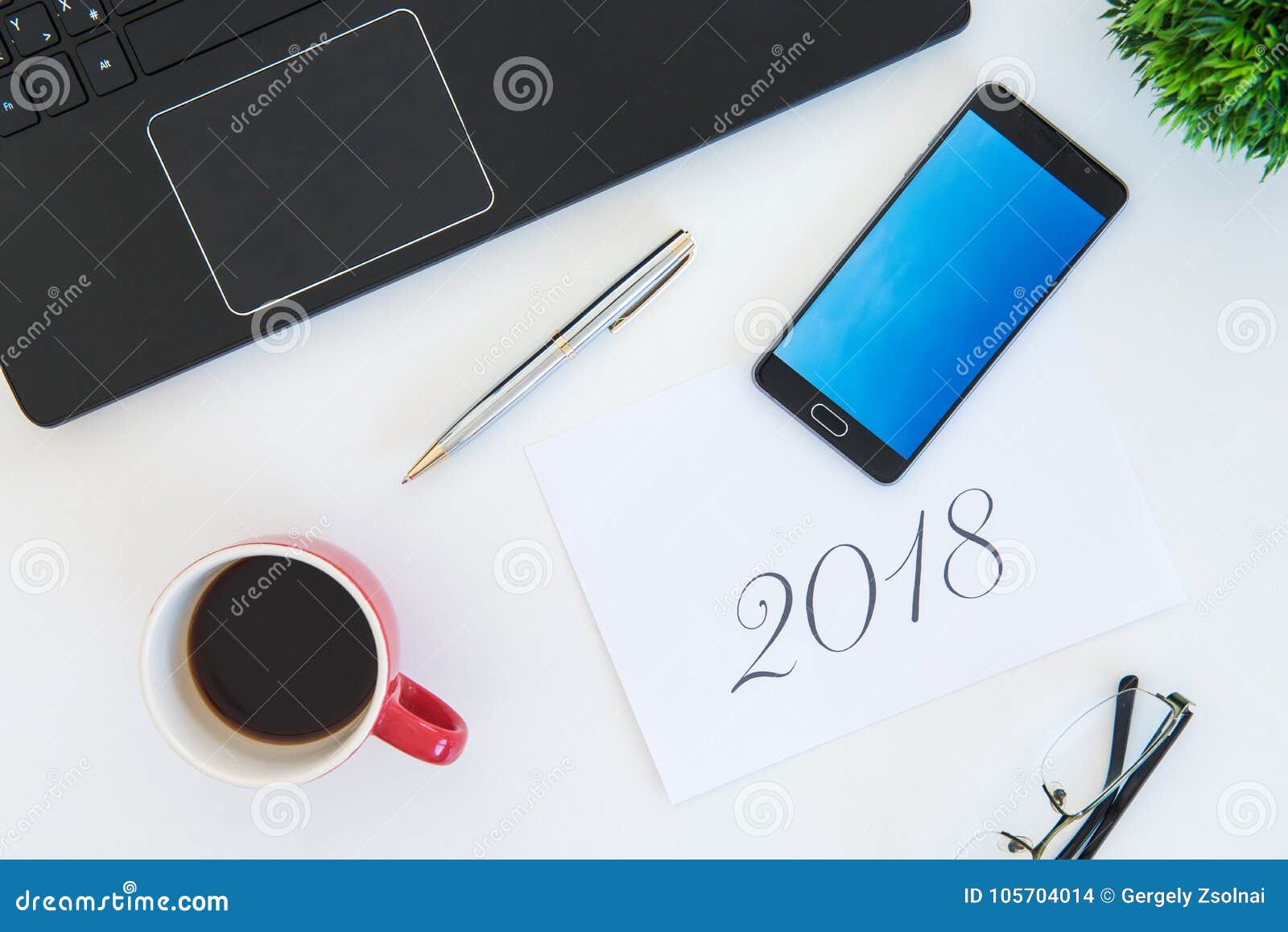High Angle Shot of Items on a Table at an Office Workstation Stock ...