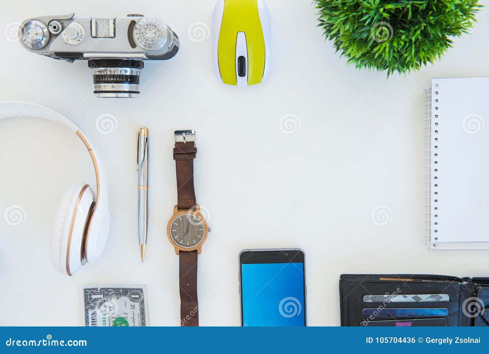 High Angle Shot of Items on a Table at an Office Workstation Stock ...