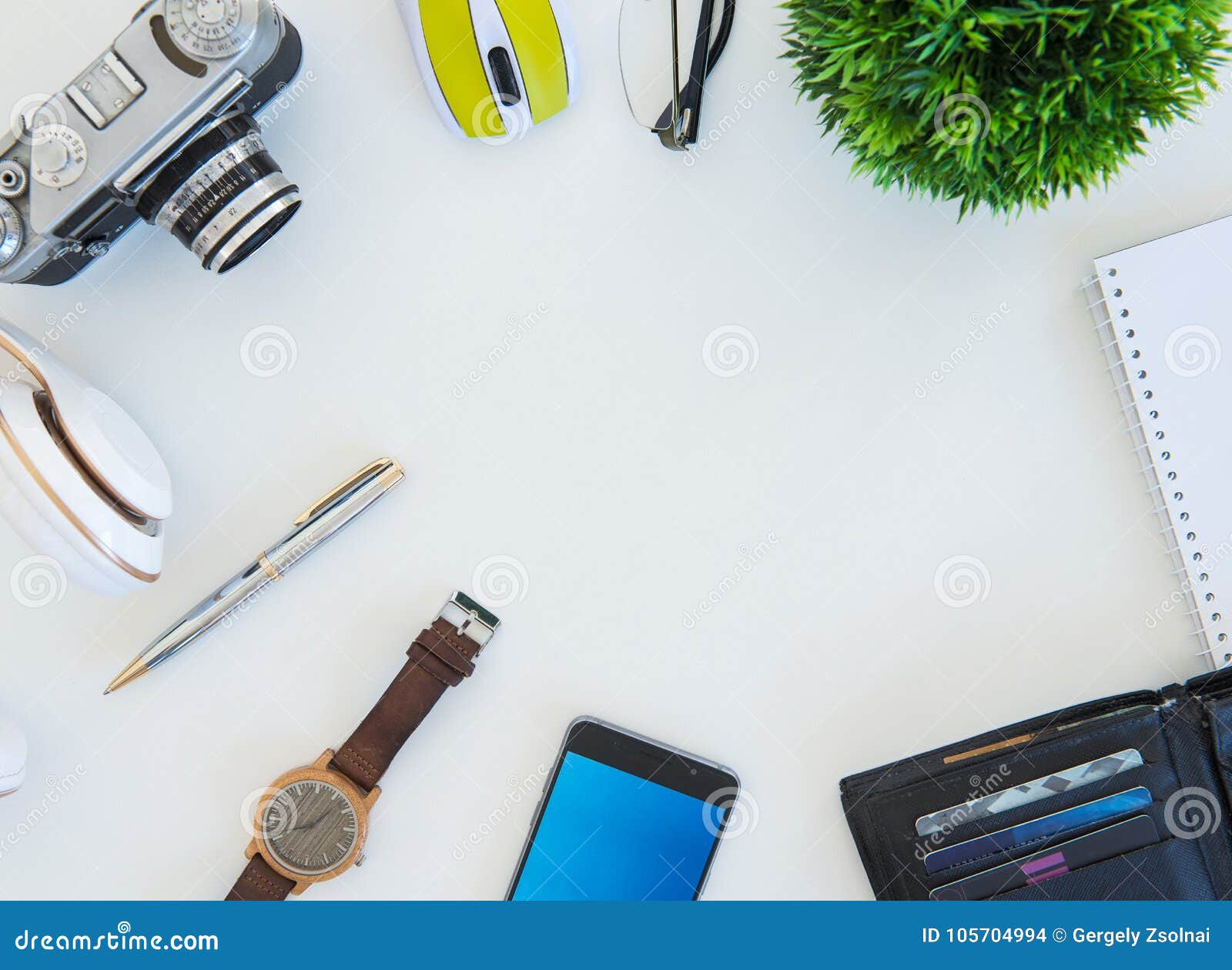 High Angle Shot of Items on a Table at an Office Workstation Stock ...