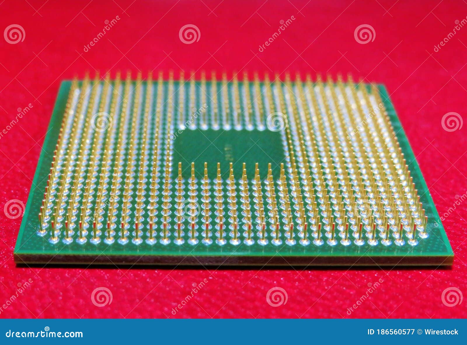 High Angle Shot of the Pins of a Microprocessor on a Red Surface Stock ...