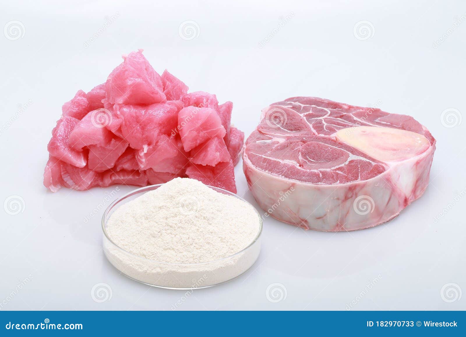 High Angle Shot of Raw Meat and a Bowl of Salt on a White Background ...