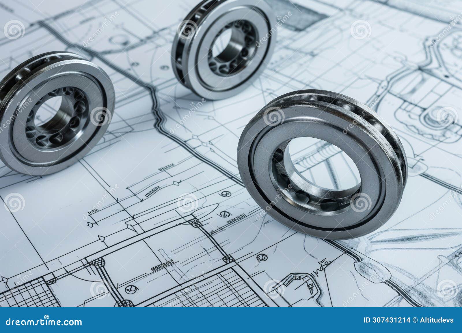 High Angle Shot of Roller Bearings on Mechanical Blueprints Stock Photo ...