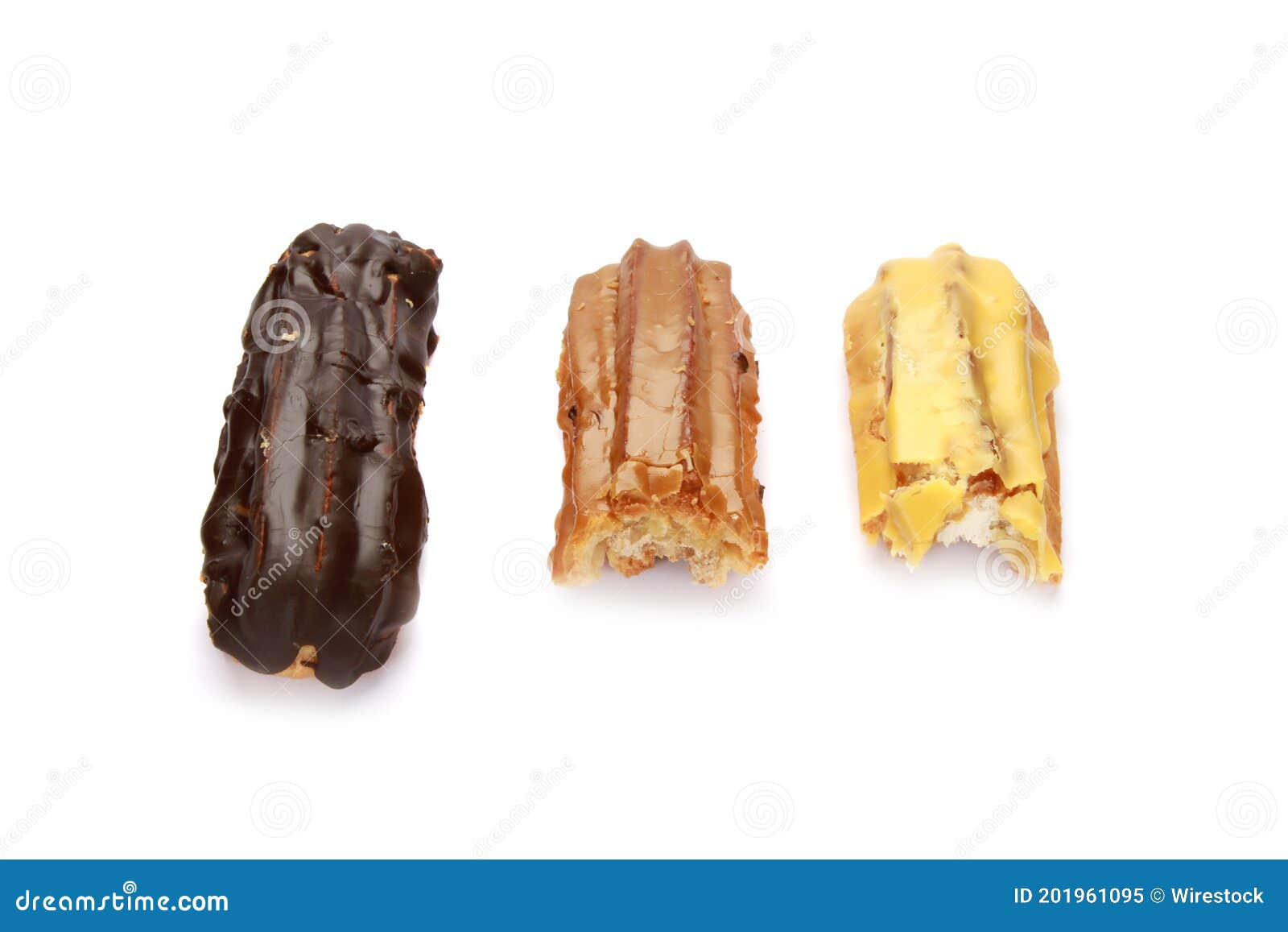 High Angle Shot of Three Different Types of Eclairs Isolated on White ...