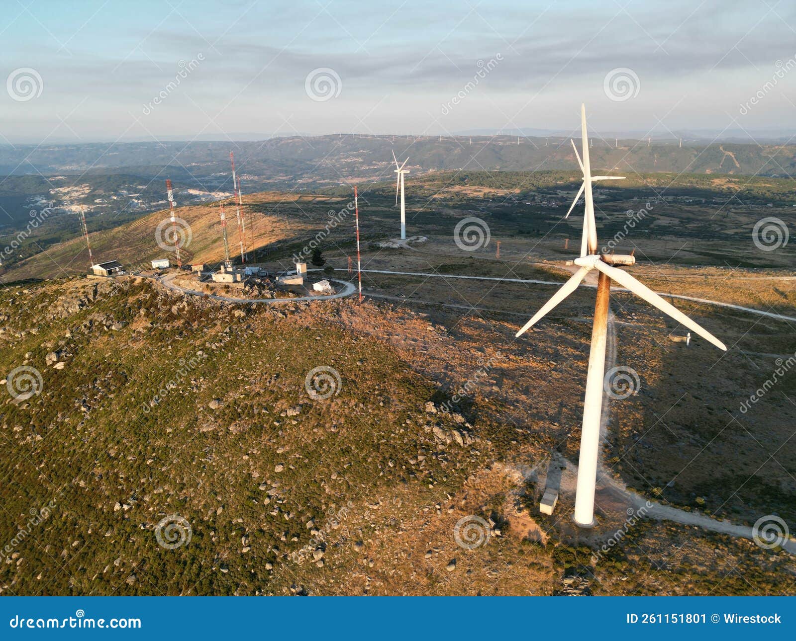 High Angle Shot of Wind Turbines on a Hill in a Wind Power Plant Stock ...