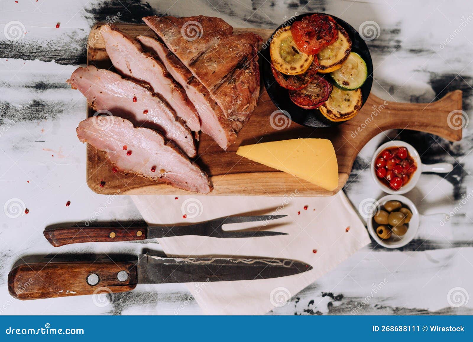 High Angle of the Sliced Ham Meat with Other Ingredients and a Knife ...